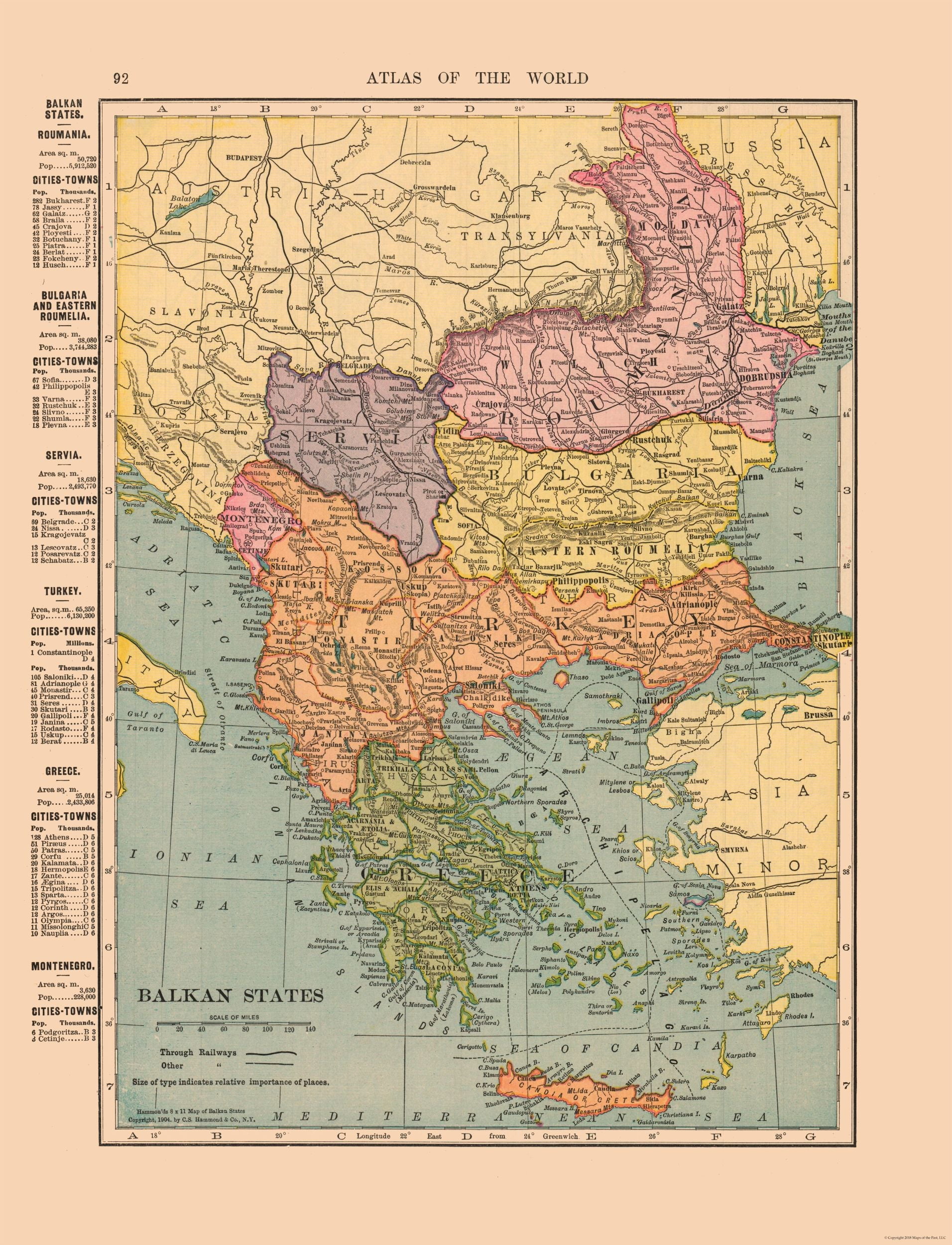 Historic Map - Balkan States Europe - Hammond 1910 - 23 x 30.08 ...
