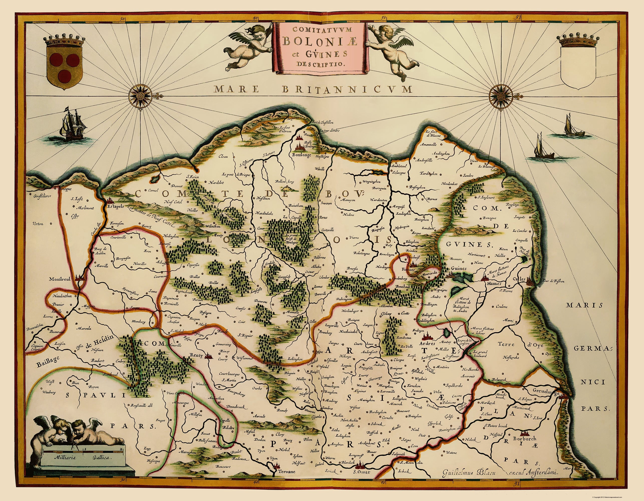 Historic Map - Boulogne Sur Mer France Vicinity- Blaeu 1631 - 23 x 29. ...