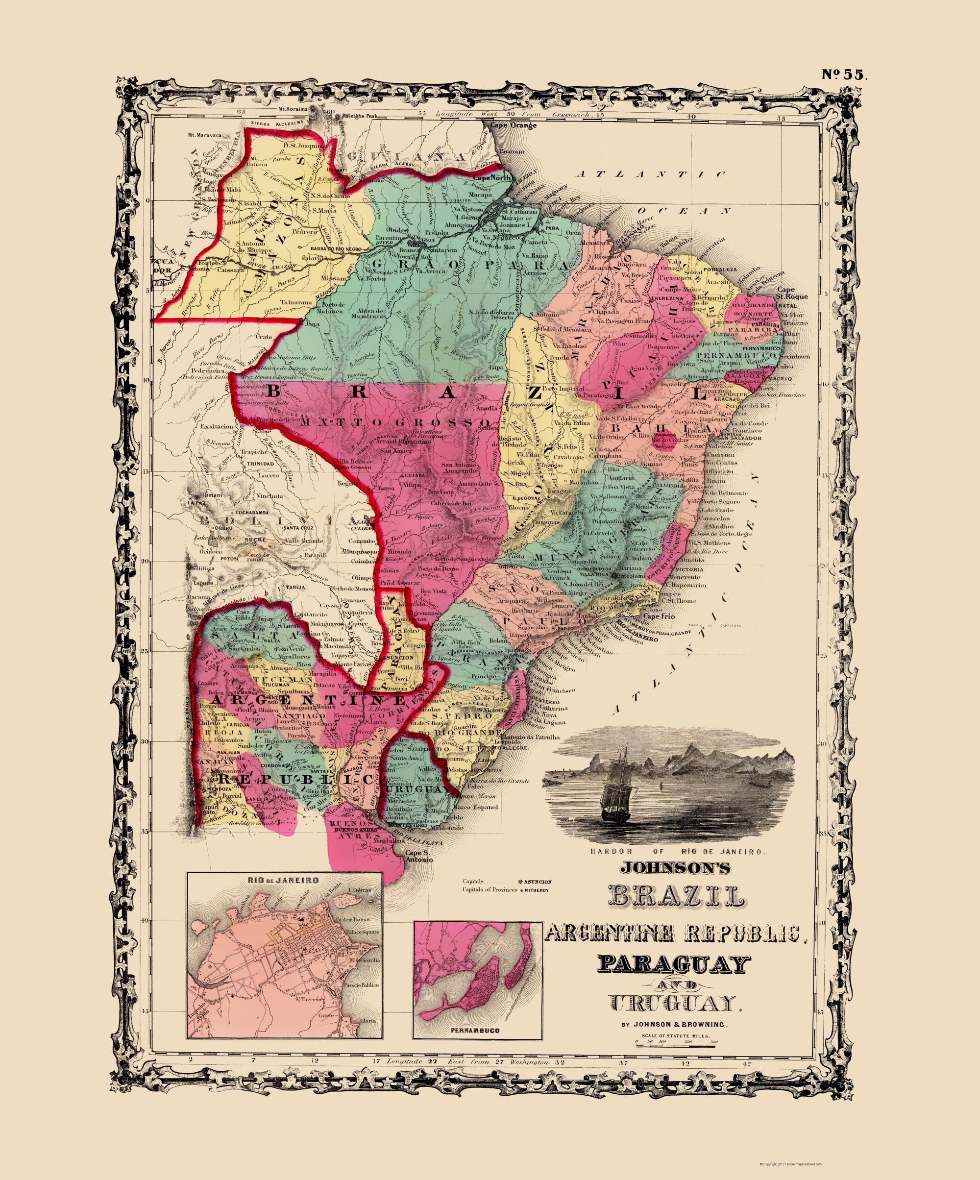 Historic Map - Brazil Argentina Paraguay Uruguay - Johnson 1860 - 23 x ...