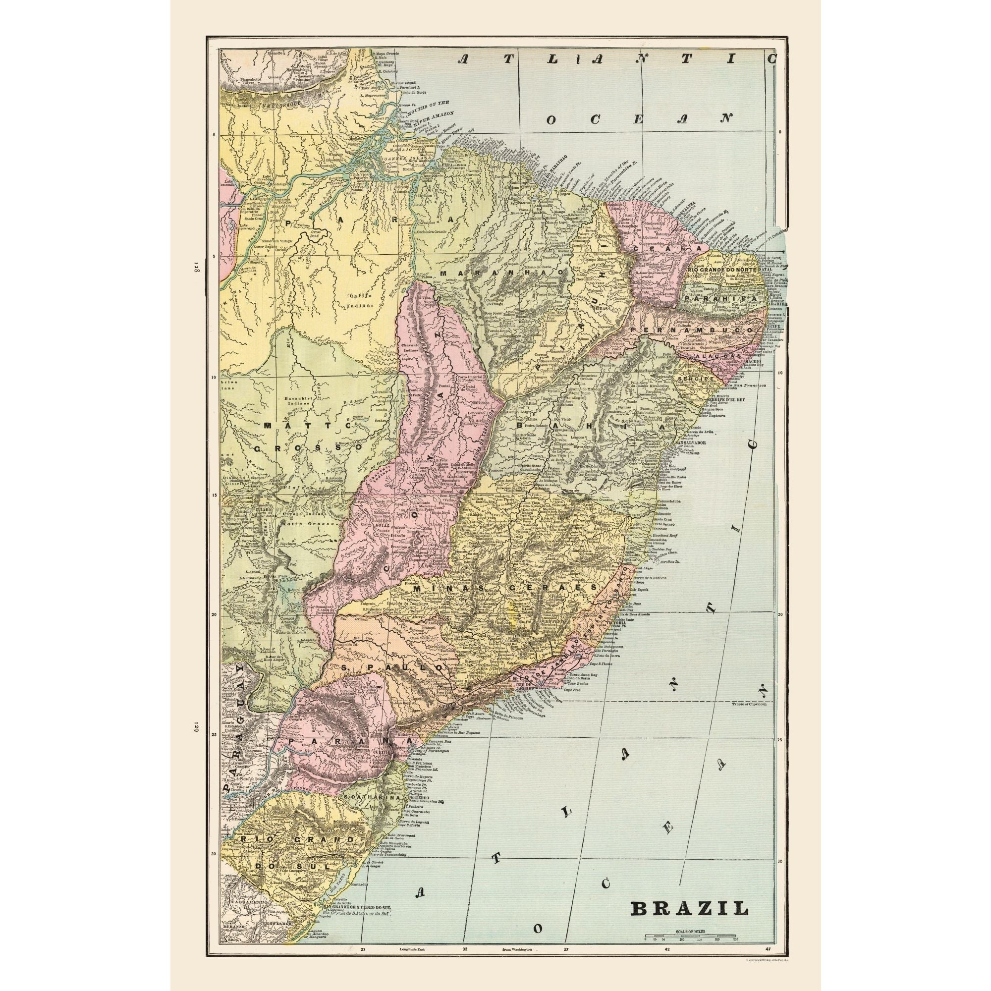 Historic Map - Brazil - Cram 1892 - 23 x 35.03 - Vintage Wall Art ...