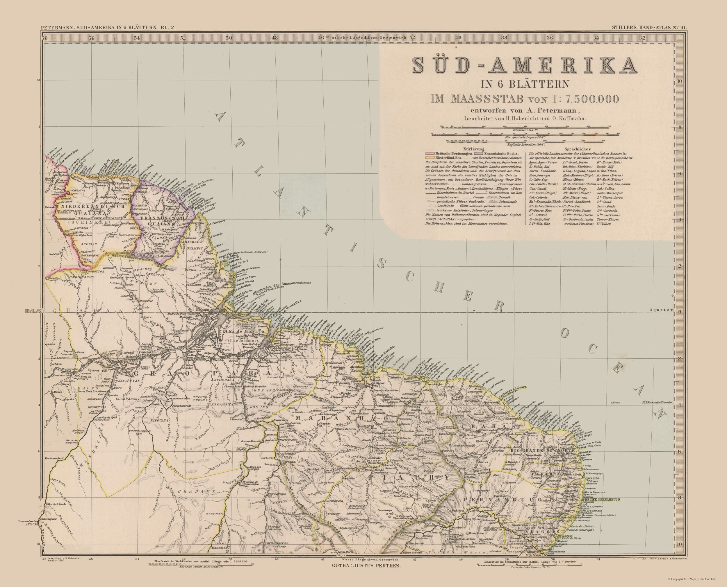 Historic Map - Brazil Suriname - Stieler 1885 - 28.46 x 23 - Vintage ...