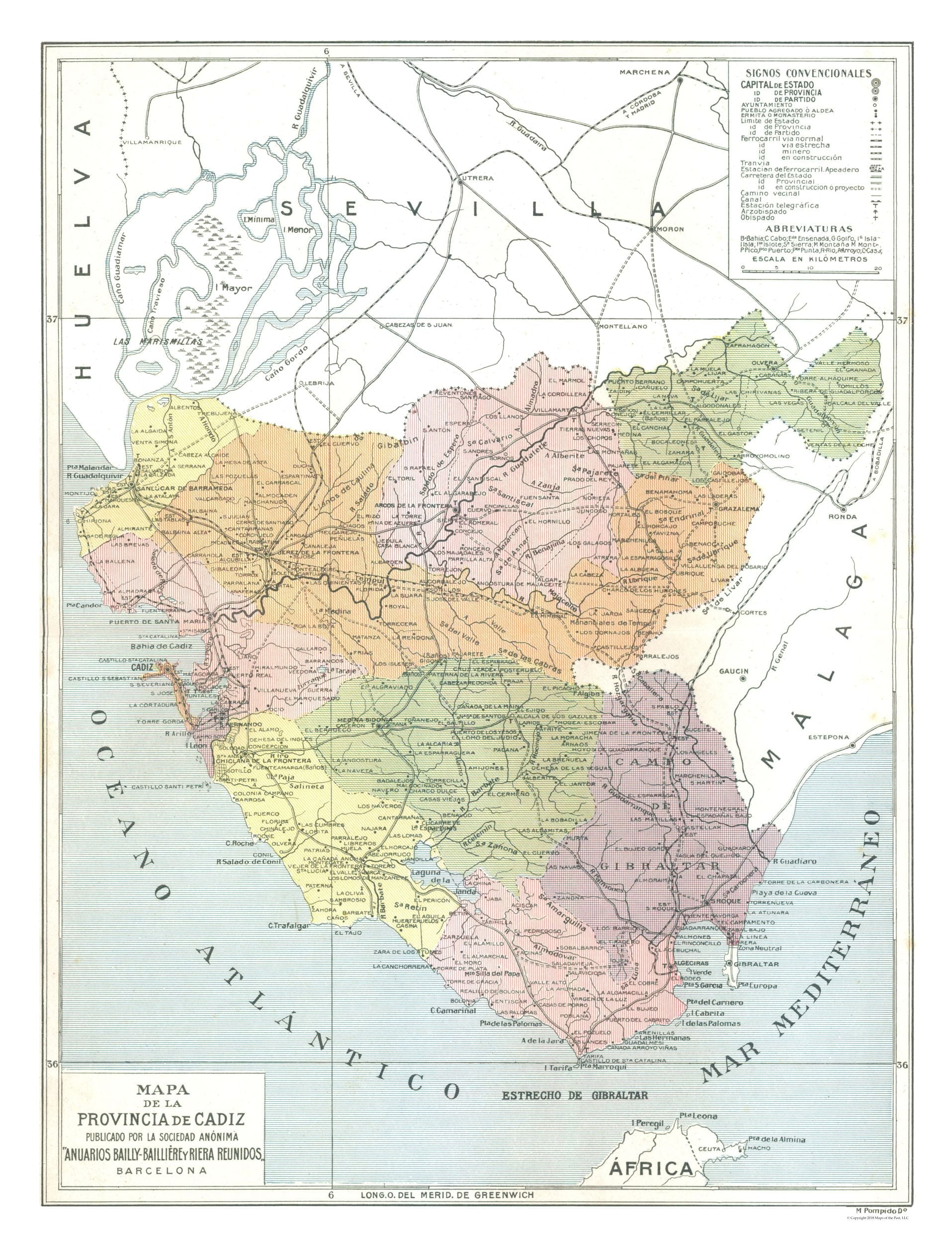 Historic Map - Cadiz Province Spain - Pompido 1913 - 23 x 30.03 ...