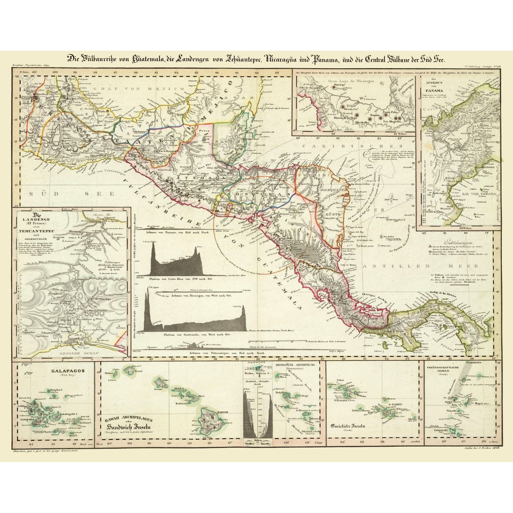 Historic Map - Central America Hawaii - Perthes 1840 - 28.70 x 23 - Vintage Wall Art - Walmart.com