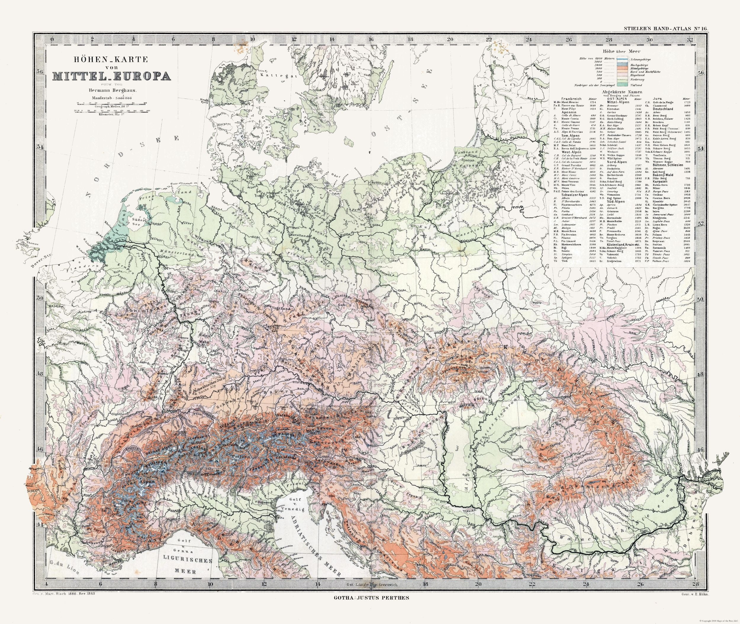 Historic Map - Central Europe Elevations- Stieler 1885 - 27.27 x 23 ...