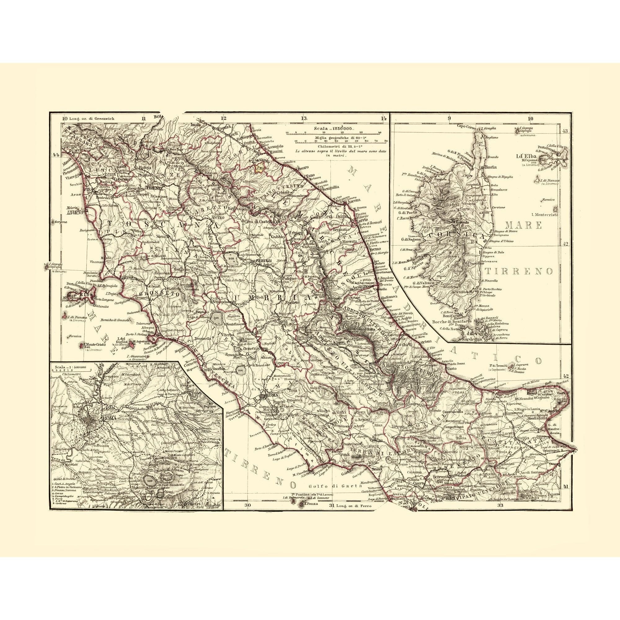 Historic Map - Central Italy - Perthes 1870 - 28.86 x 23 - Vintage Wall ...