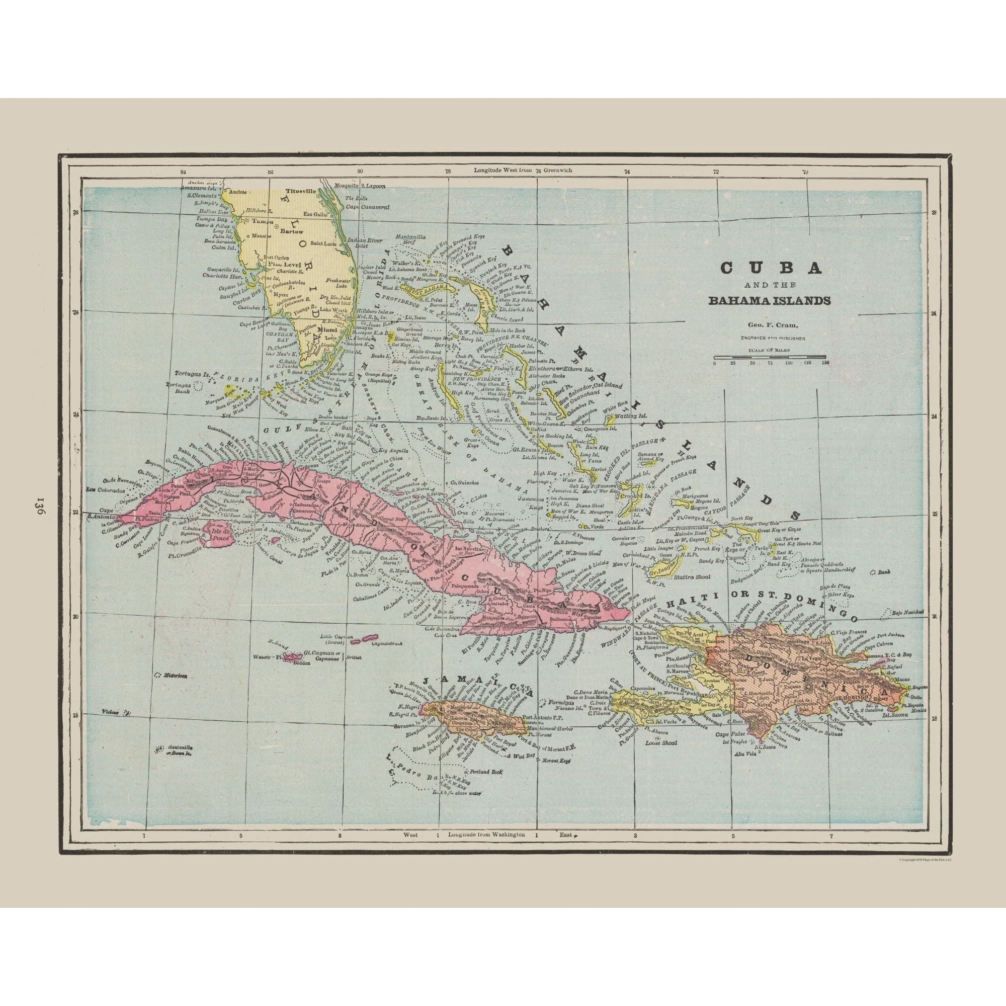 Historic Map - Cuba Bahama Islands - Cram 1892 - 28.58 x 23 - Vintage ...