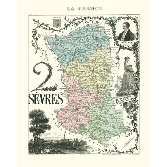 Historic Map - Deux Sevres Department France - Migeon 1869 - 23 x 28.74 ...