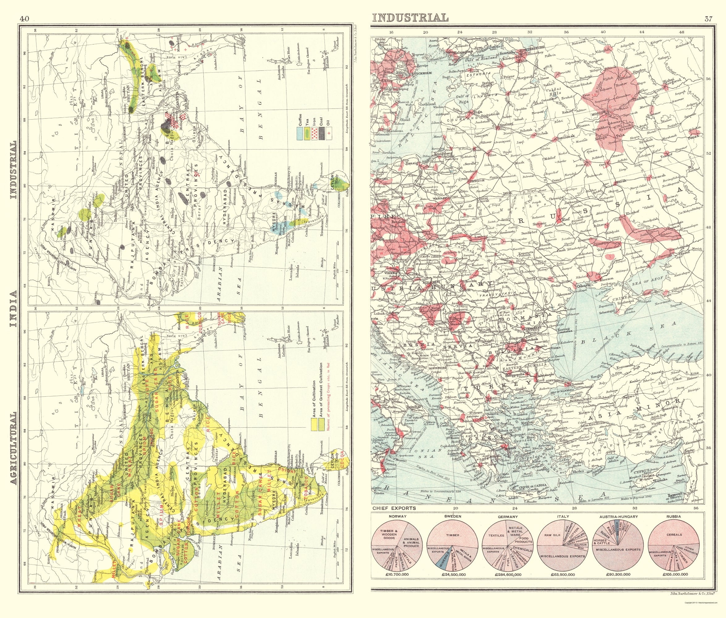 Historic Map - Eastern Europe India Industrial - Bartholomew 1907 - 23 ...