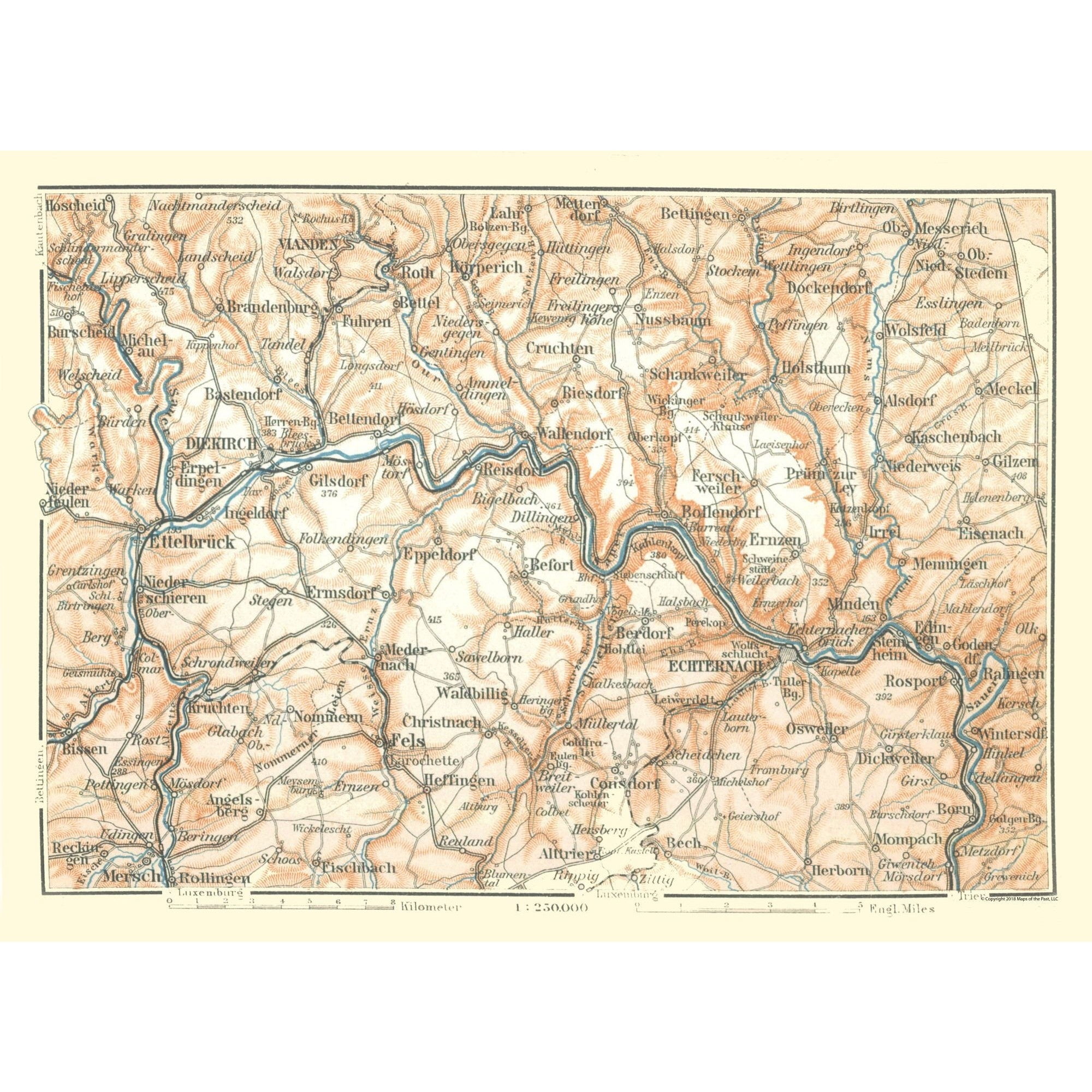 Historic Map - Echternach Luxembourg - Baedeker 1910 - 31.75 x 23 ...