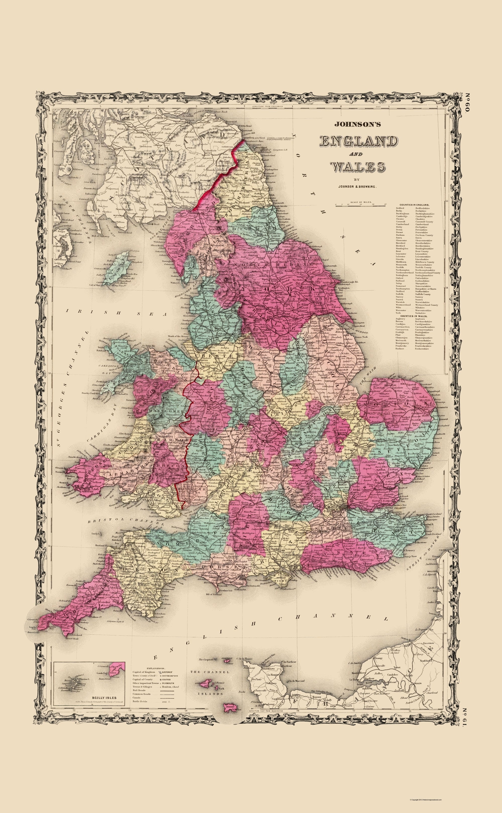 Historic Map - England Wales - Johnson 1860 - 23 x 37.21 - Vintage Wall ...