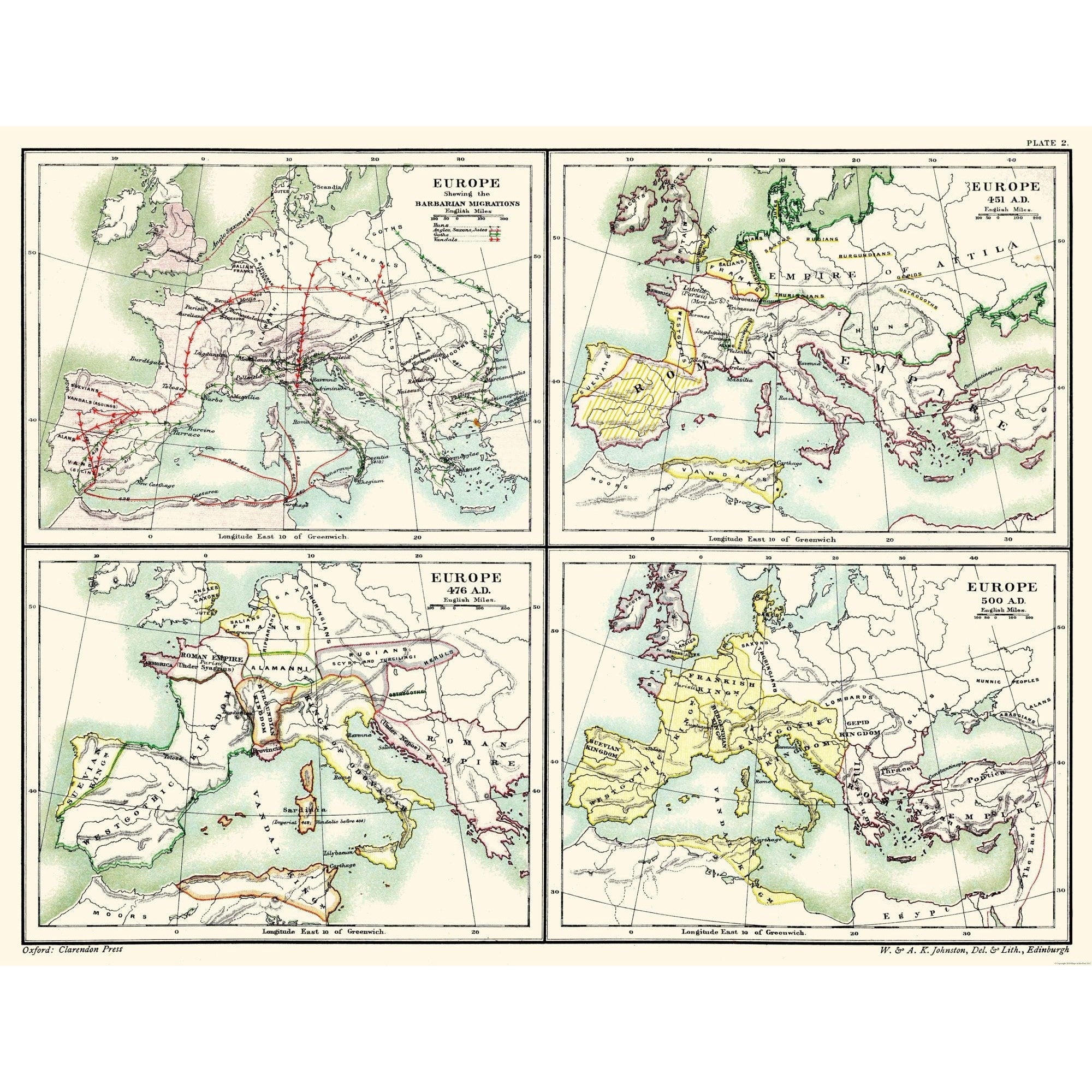 Historic Map - Europe Barbarian Migrations 451 AD 500 AD - Poole 1902 ...