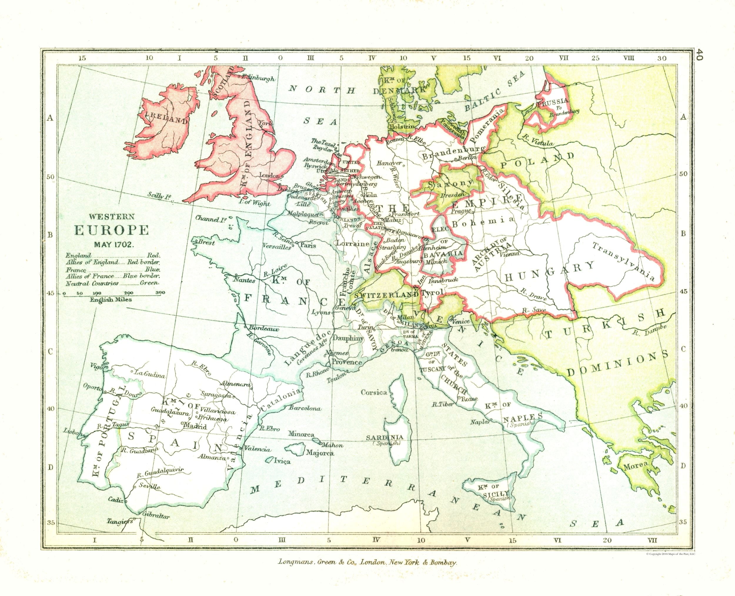 Historic Map - Europe Western 1702 - Gardiner 1902 - 28.37 x 23 ...