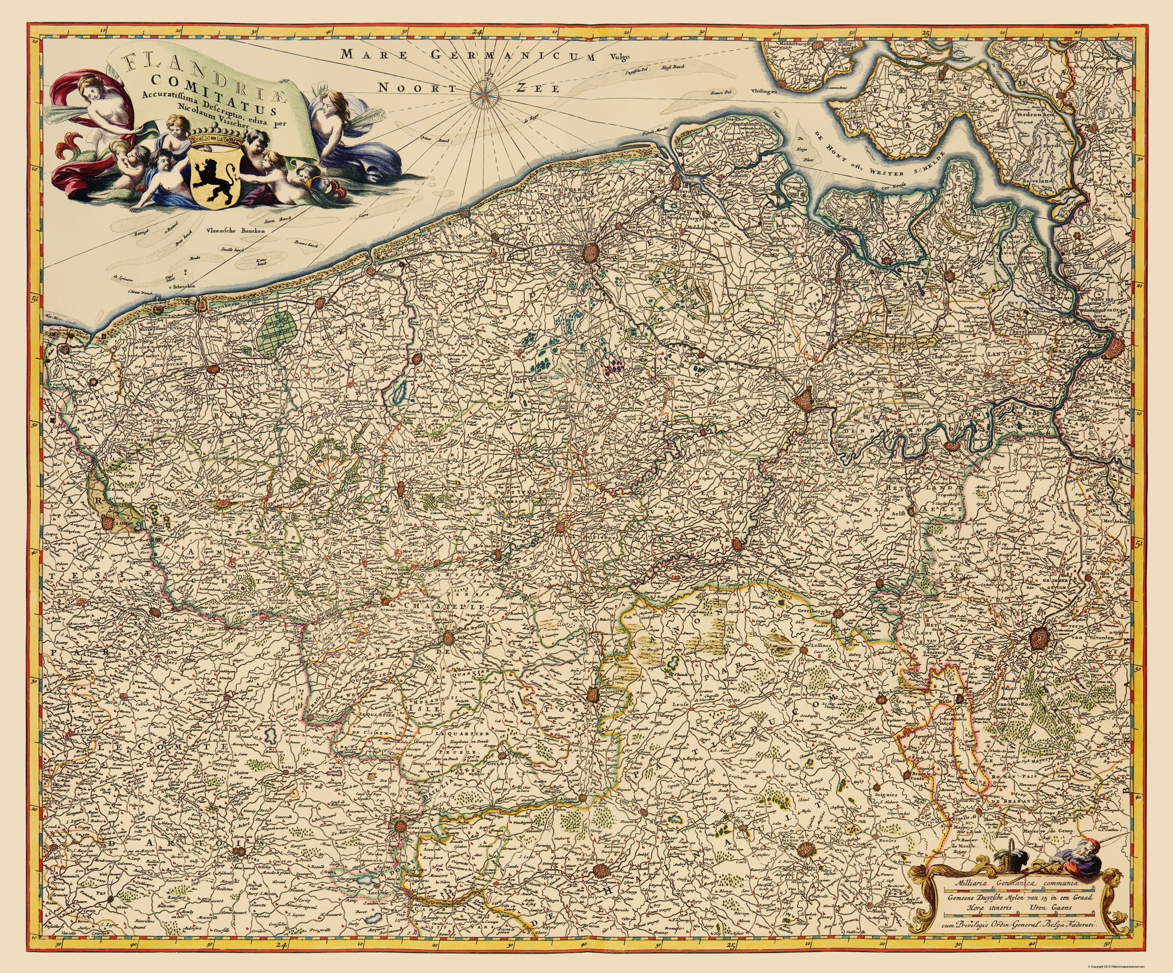 Historic Map - Flanders Belgium - Visscher 1680 - 23 x 27.72 - Vintage ...