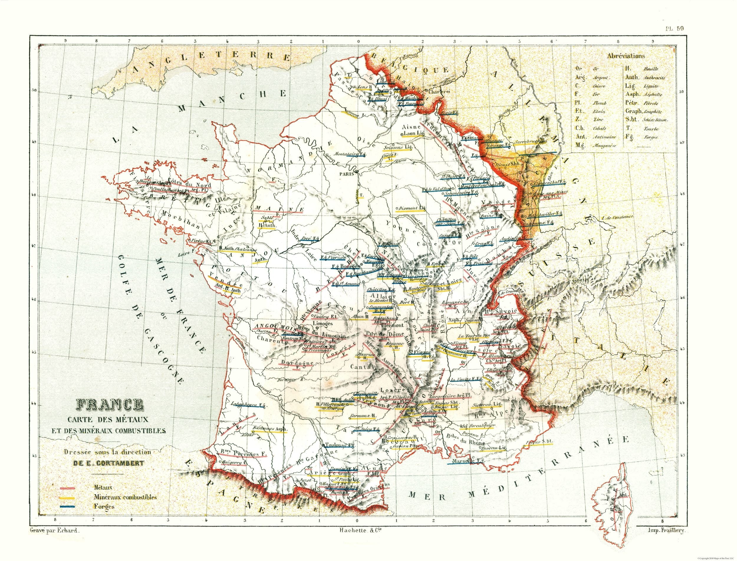 Historic Map - France Metals Combustible Minerals - Cortambert 1880 ...