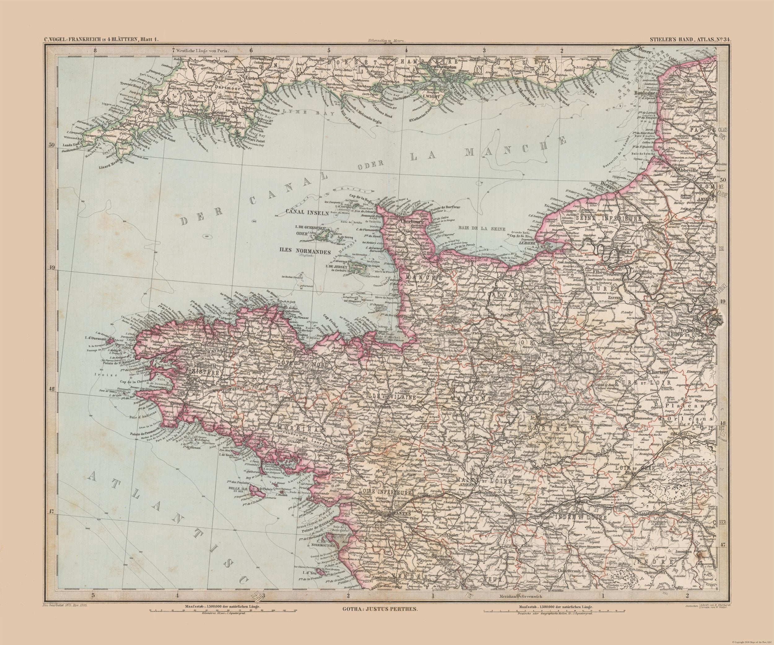 Historic Map - France Northwestern - Stieler 1885 - 27.61 x 23 ...