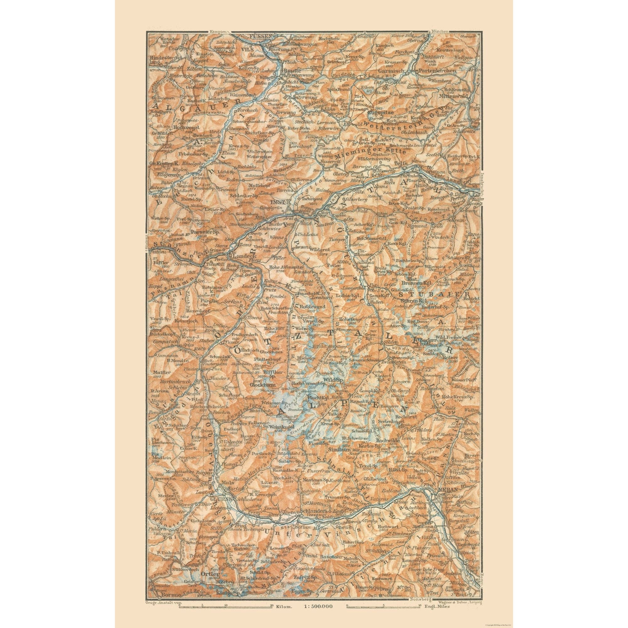 Historic Map - Germany Austria Italy Otztaler Alpen - Baedeker 1910 ...