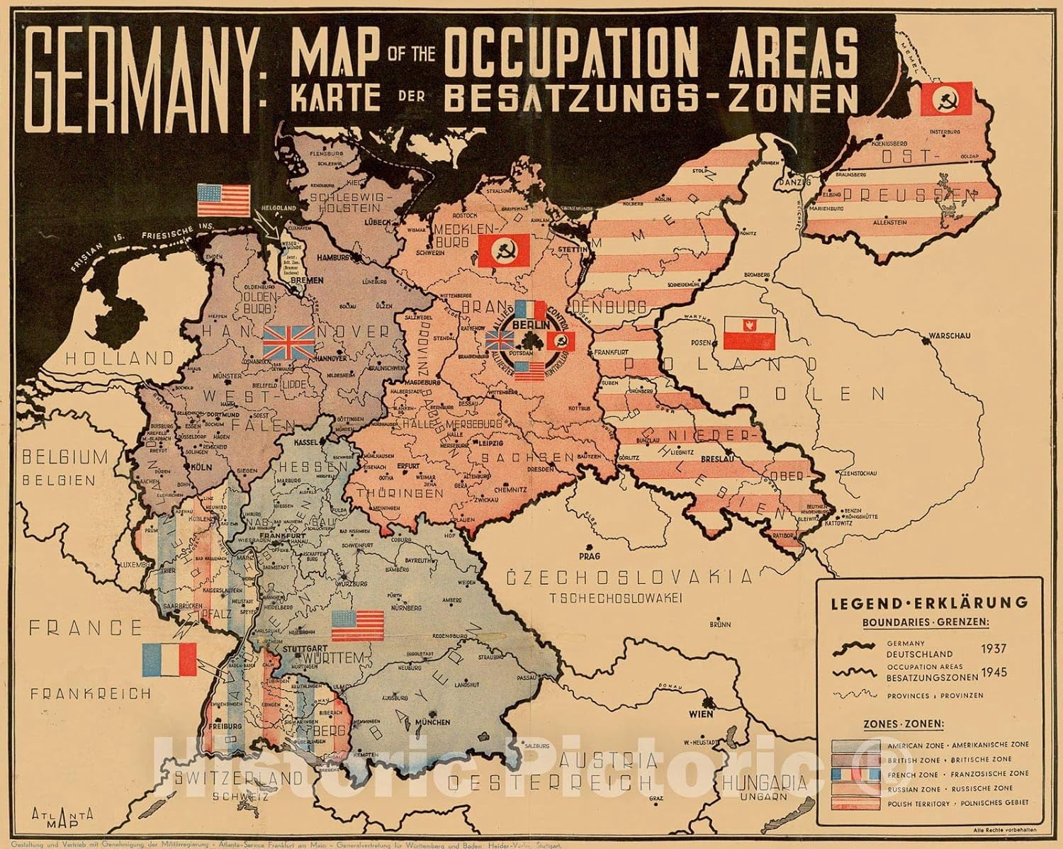 Historic Map - Germany: Map of The Occupation Areas/Map depicts Germany ...