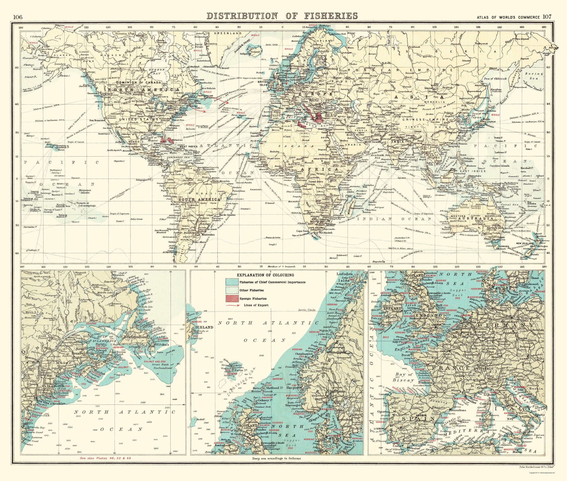 Historic Map - Global Fisheries Distribution - Bartholomew 1907 - 23 x ...