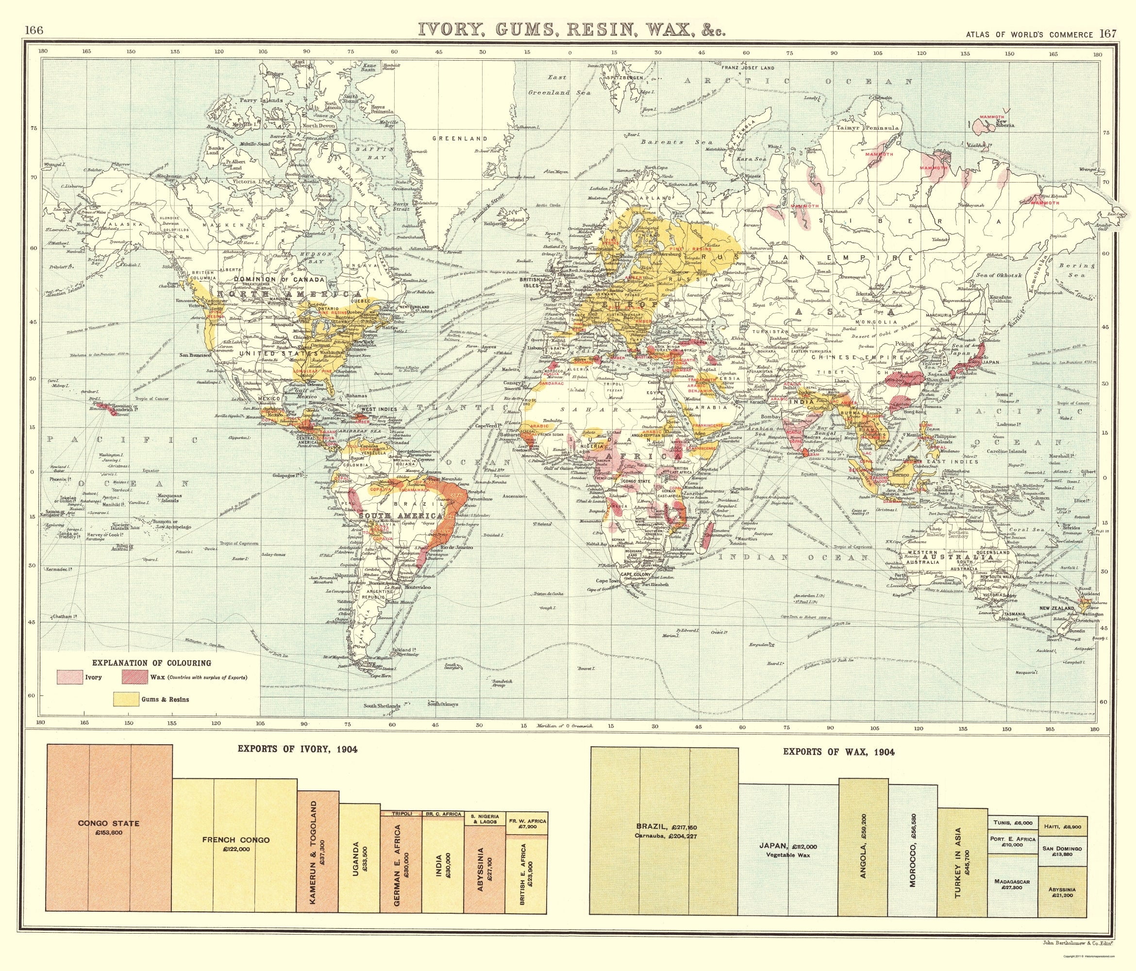 Historic Map - Global Ivory Gums Resin Wax - Bartholomew 1907 - 23 x 26 ...