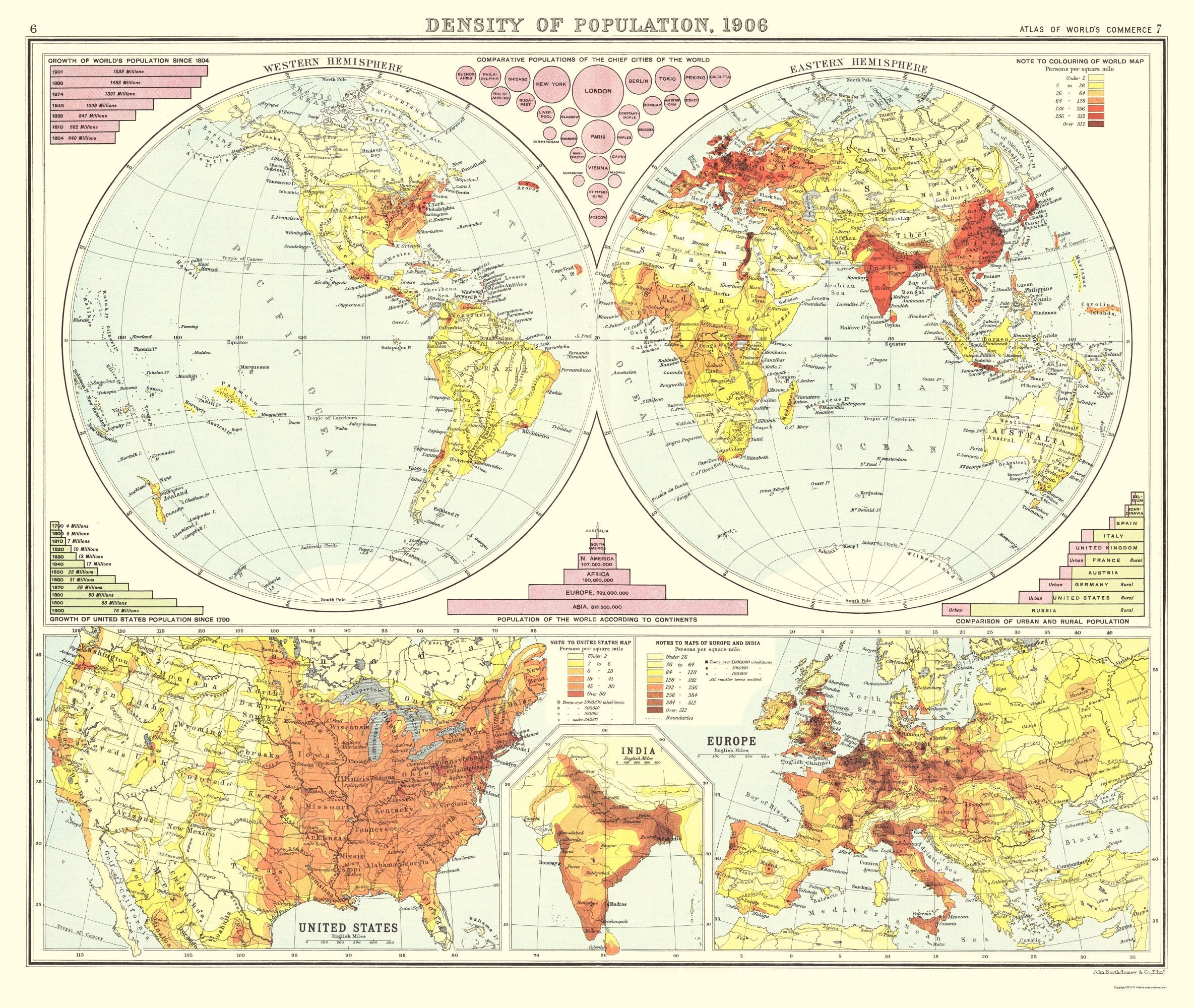 Historic Map - Global Population Density - Bartholomew 1906 - 23 x 27. ...