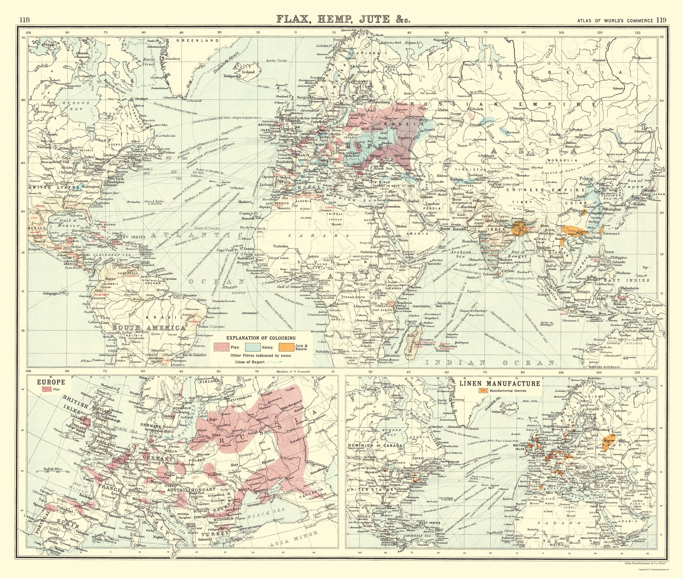 Historic Map - Global Production Flax Hemp Jute - Bartholomew 1907 - 23 ...