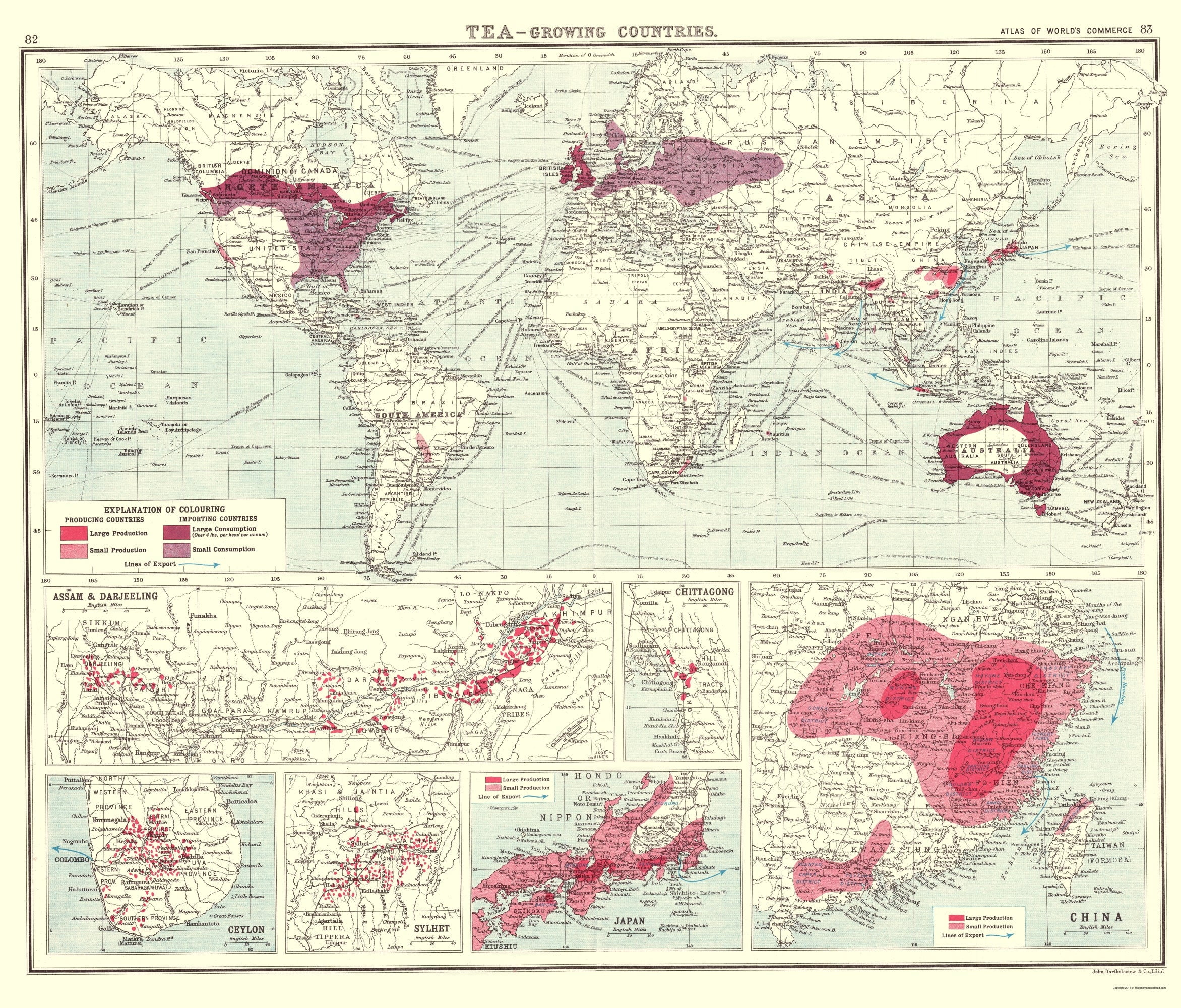 Historic Map - Global Tea Growing Countries - Bartholomew 1907 - 23 x ...