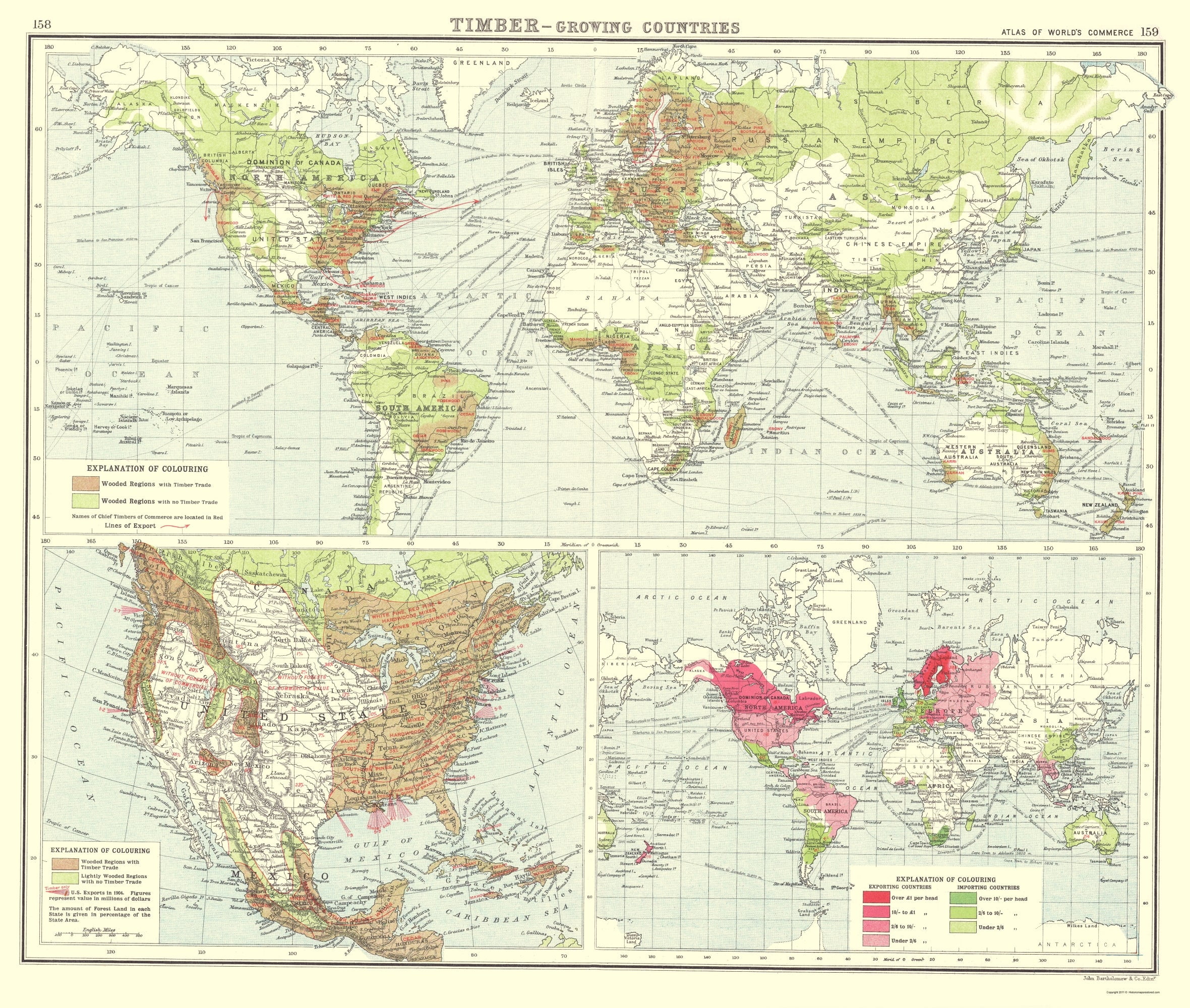 Historic Map - Global Timber Growing Countries - Bartholomew 1907 - 23 ...