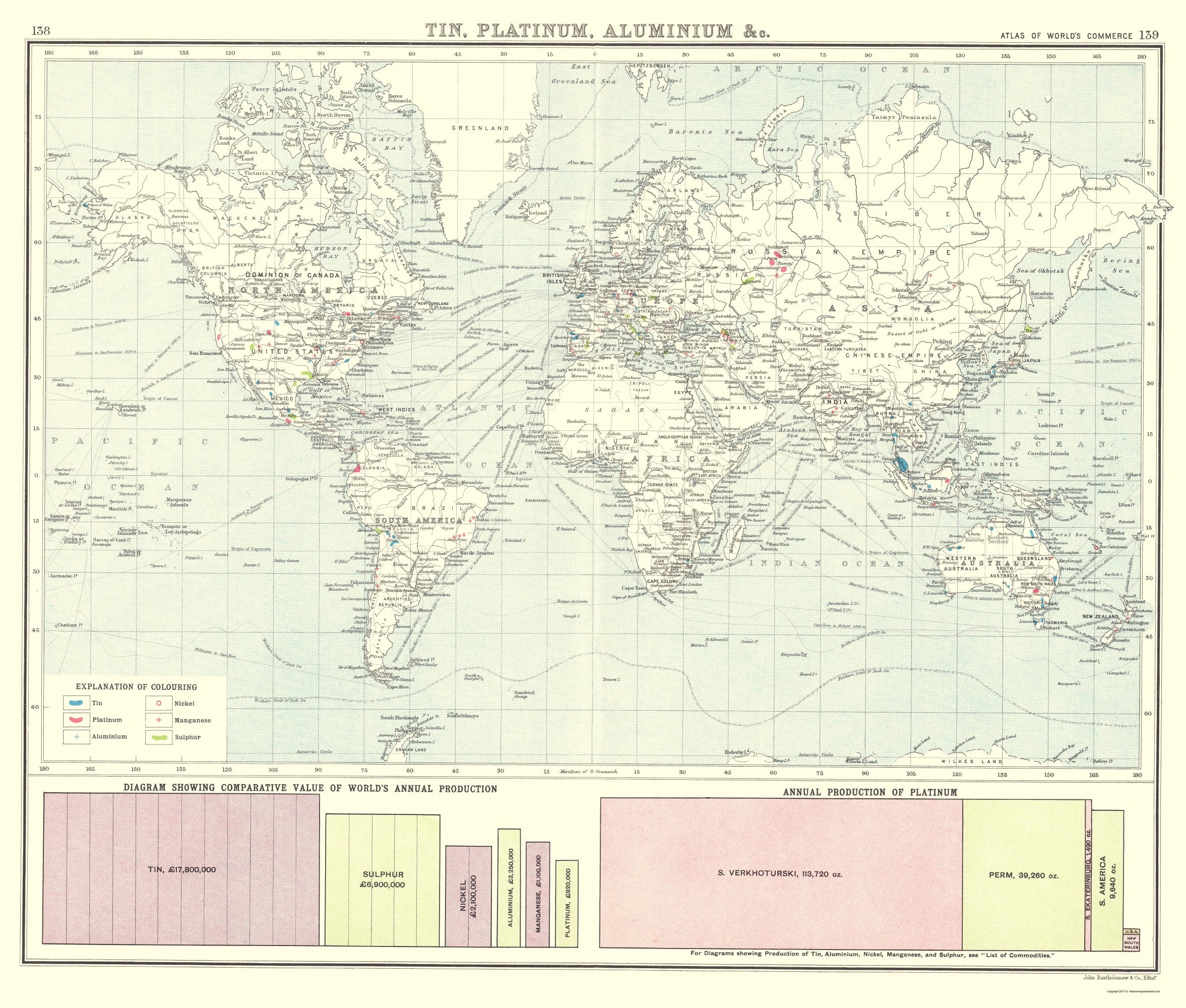Historic Map - Global Tin Platinum Aluminium - Bartholomew 1907 - 23 x ...