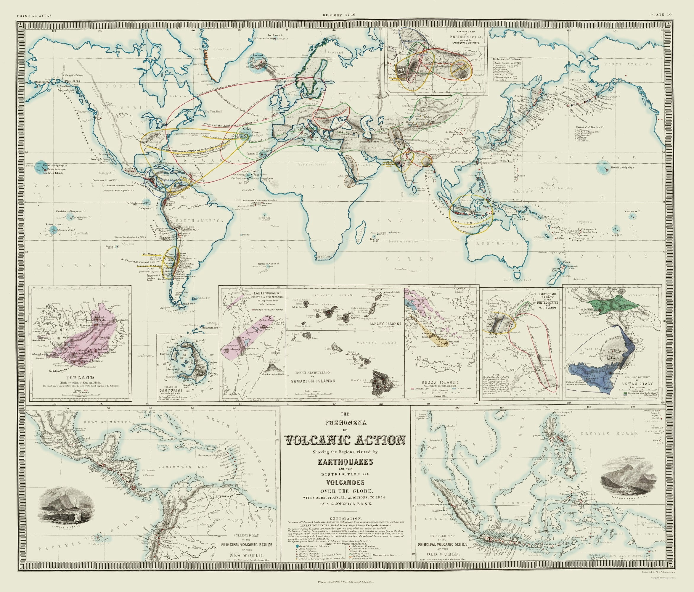 Historic Map - Global Volcanic Action Earthquakes - Johnston 1854 ...