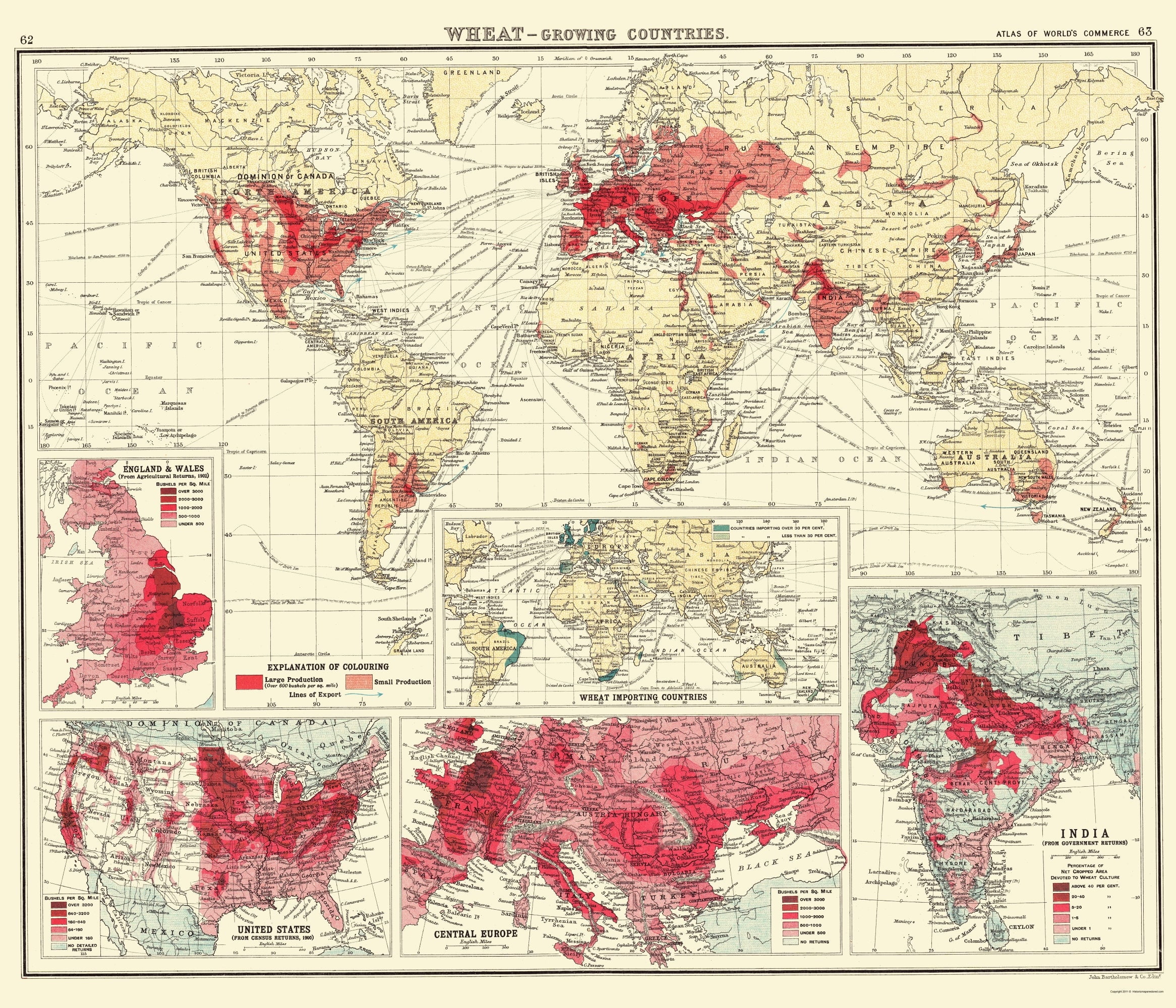 Historic Map - Global Wheat Growing Countries - Bartholomew 1907 - 23 x ...