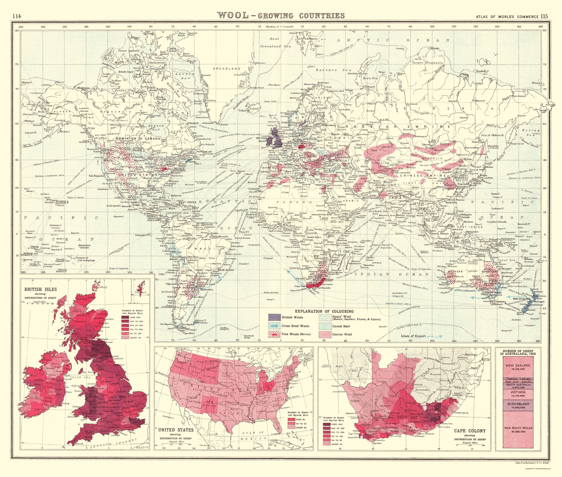 Historic Map - Global Wool Growing Countries - Bartholomew 1907 - 23 x ...
