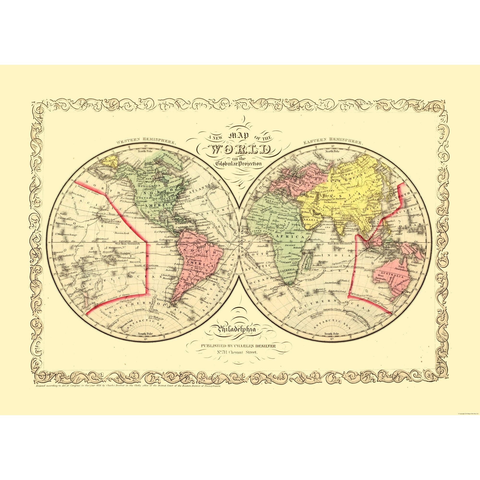 Historic Map - Globular Projection - Desilver 1856 - 31.52 x 23 ...