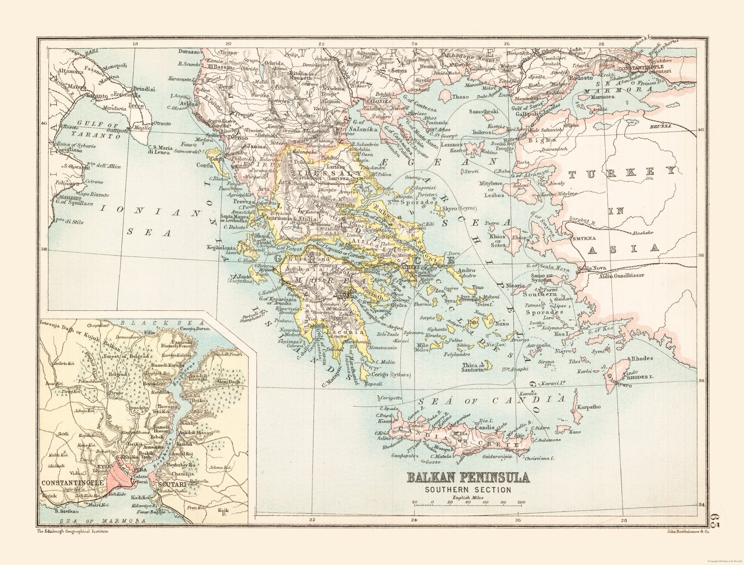 Historic Map - Greece Balkan Peninsula Southern - Bartholomew 1892 - 30 ...
