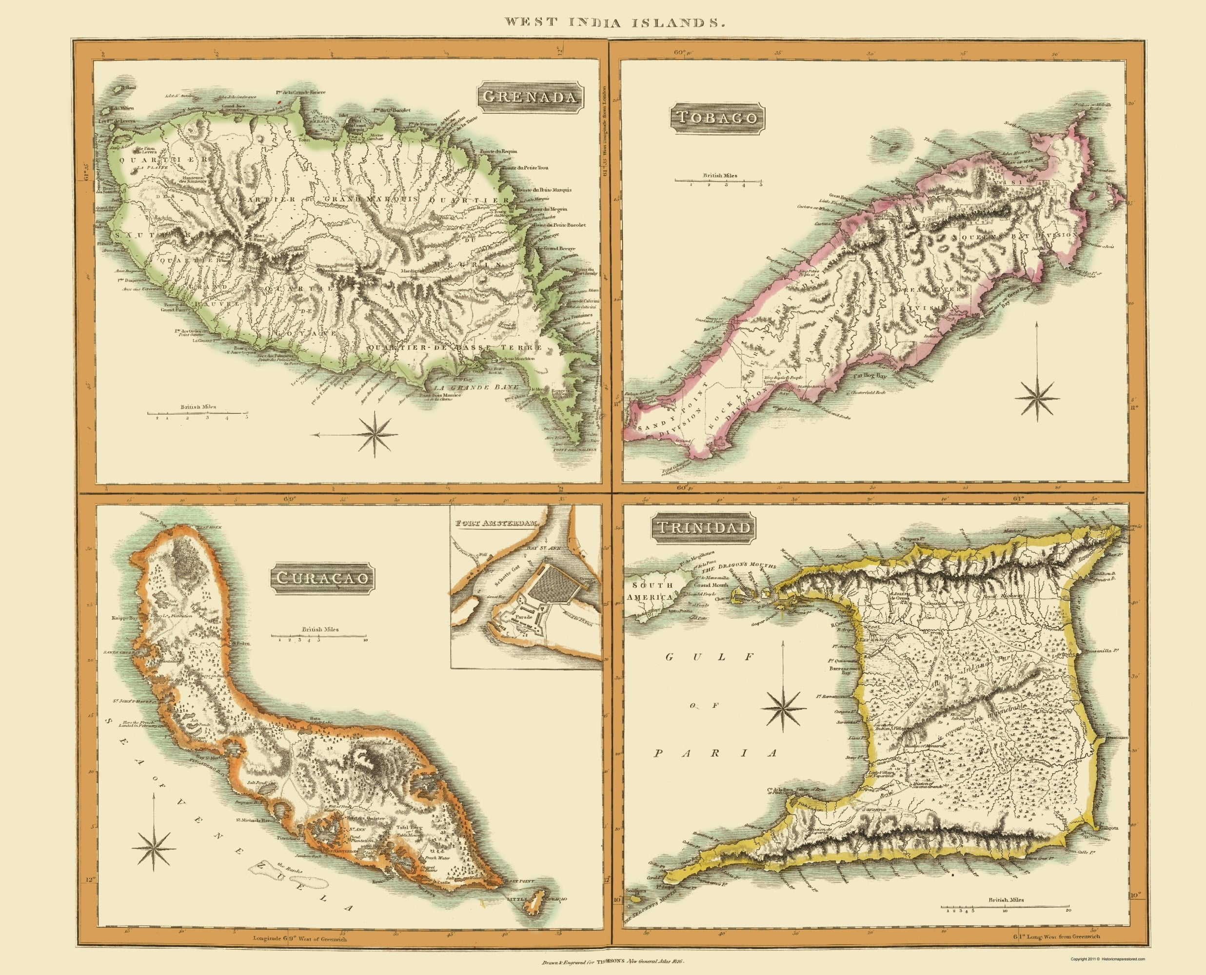 Historic Map - Grenada Tobago Curacao Trinidad - Thomson 1816 - 23 x 28 ...