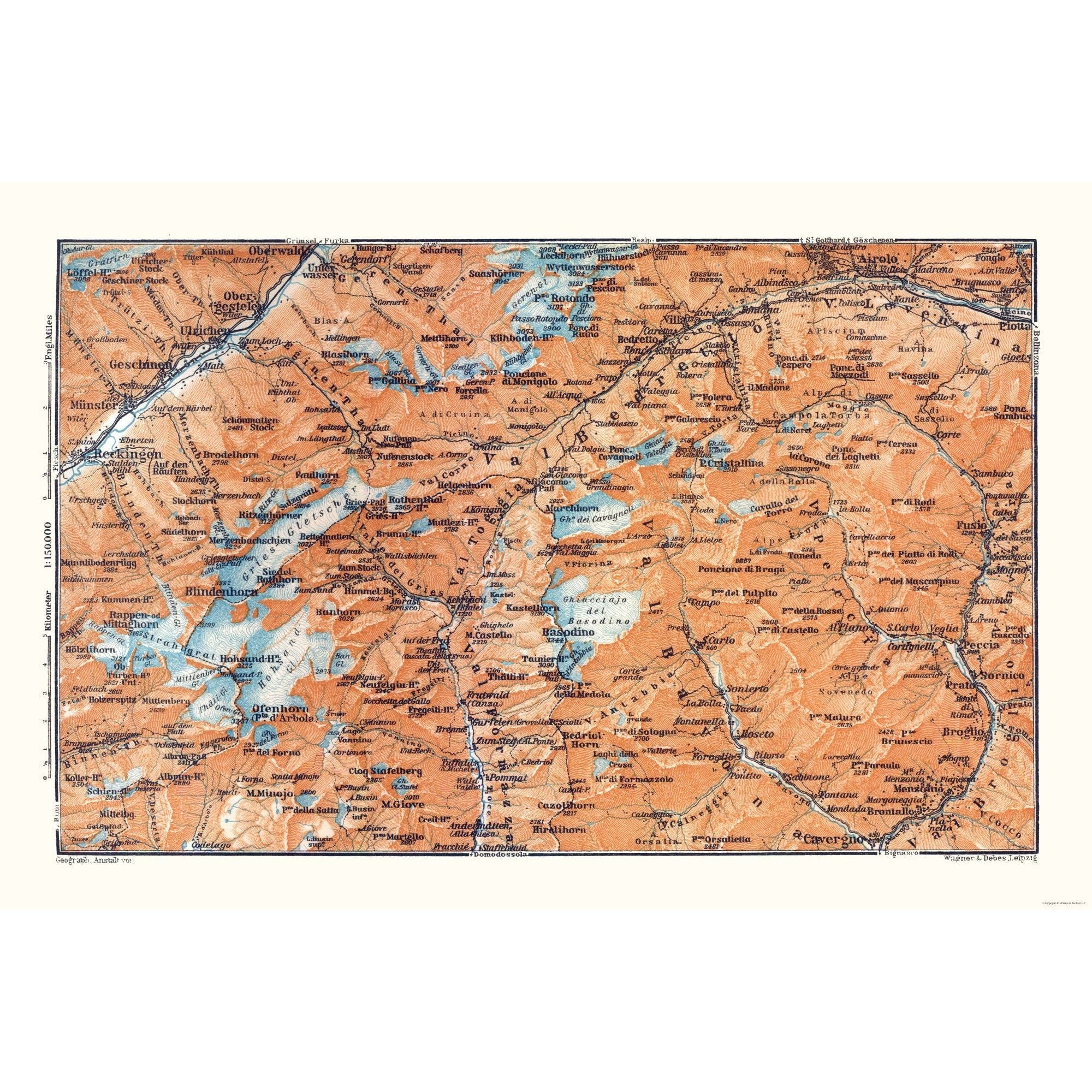 Historic Map - Gries Glacier Switzerland - Baedeker 1921 - 34.47 x 23 ...