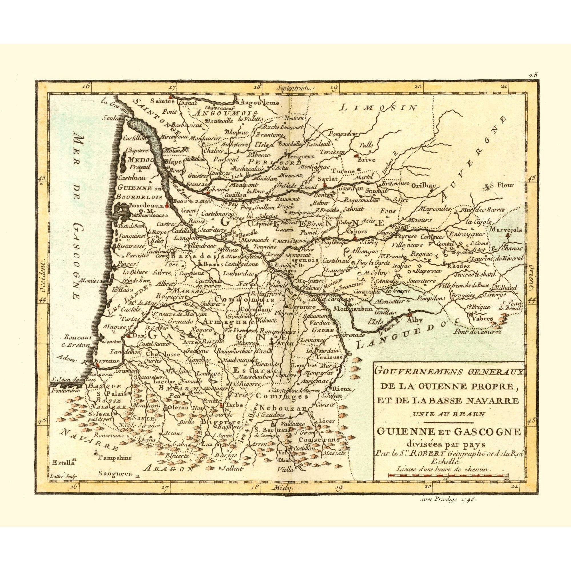 Historic Map - Guyenne Gascony France - Robert 1748 - Vintage Wall Art ...