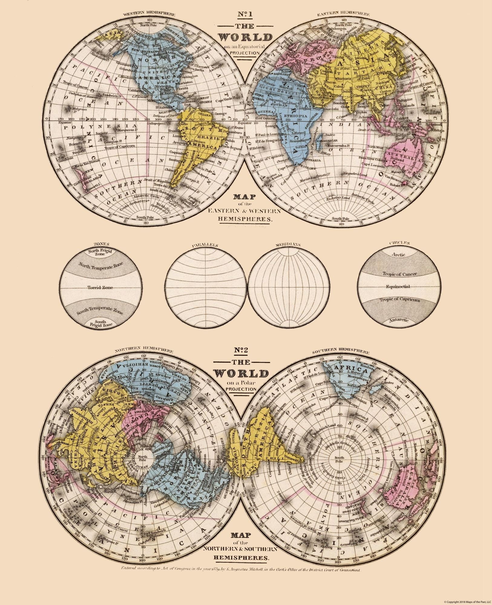 Historic Map - Hemispheres Equatorial Polar Projections - Mitchell - 23 ...