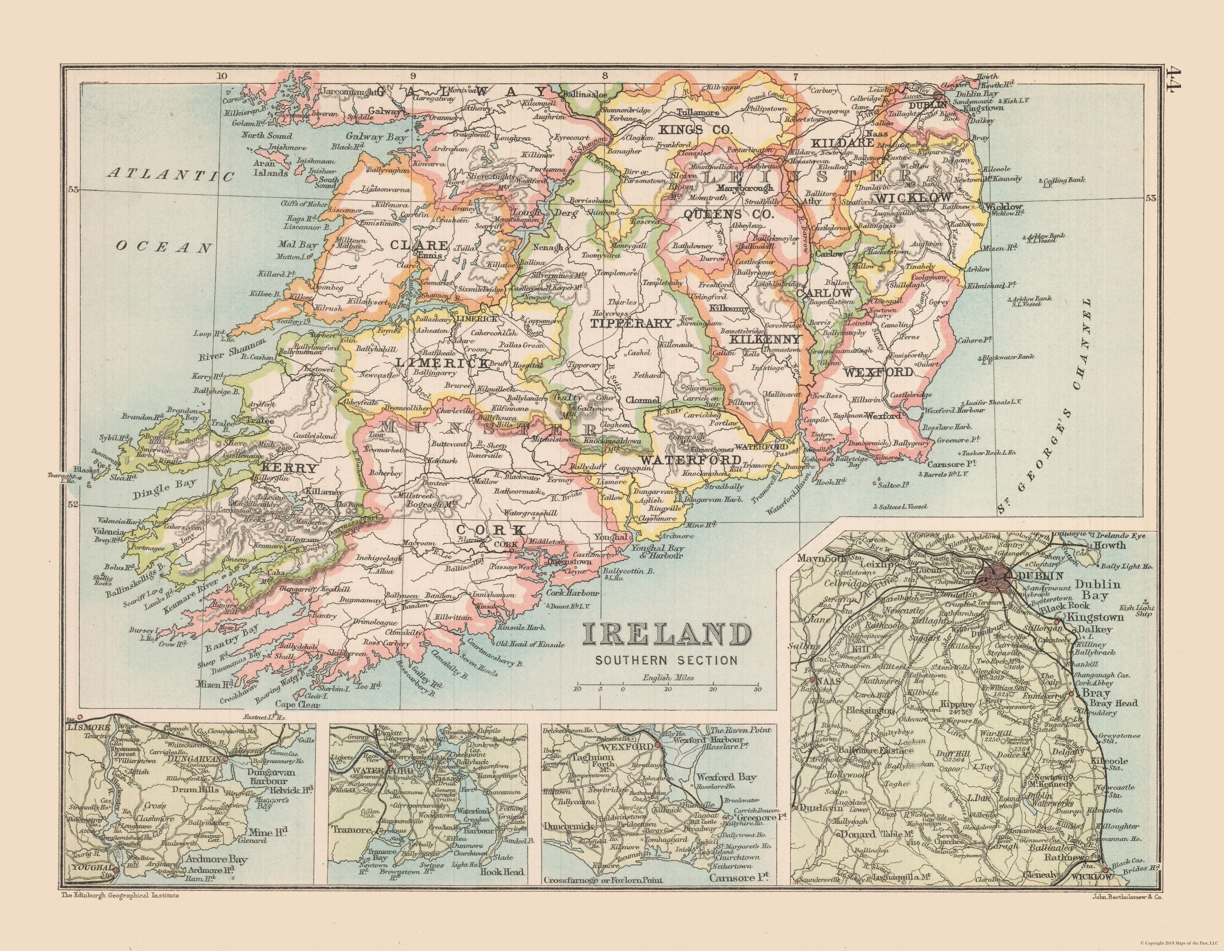 Historic Map - Ireland Southern - Bartholomew 1892 - 29.60 x 23 ...