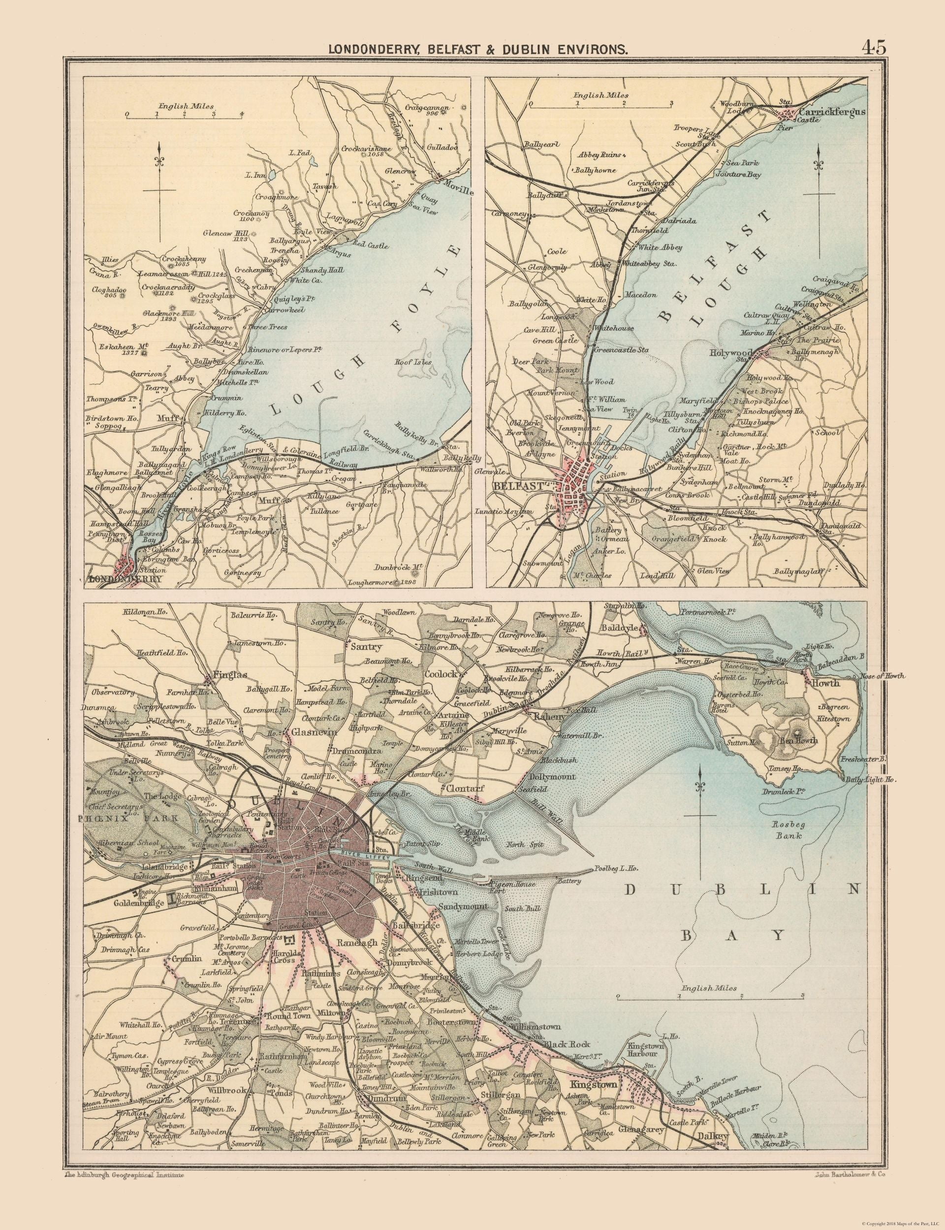 Historic Map - Londonderry Belfast Dublin Ireland - Bartholomew 1892 ...