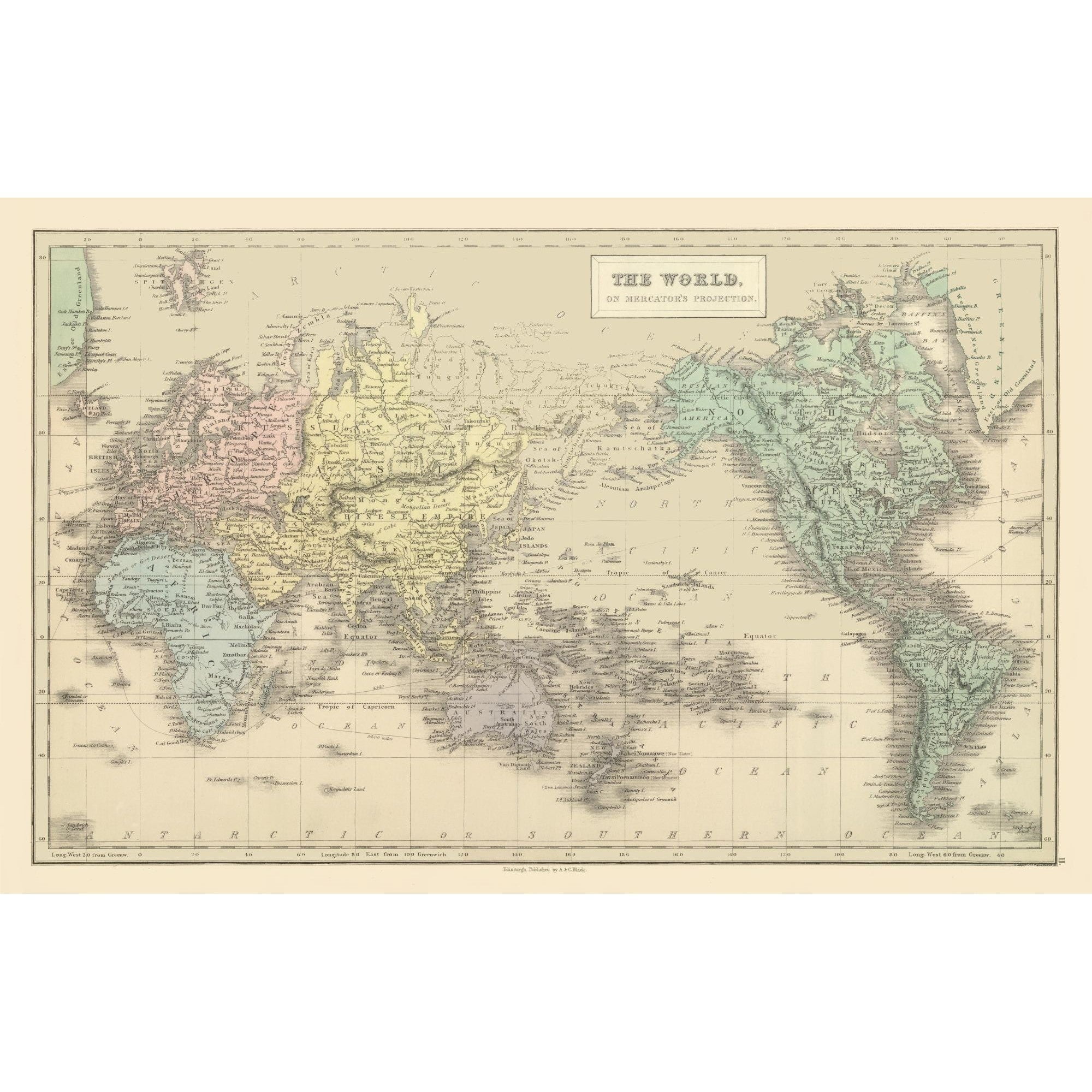 Historic Map - Mercator Projection - 36.07 x 23 - Vintage Wall Art ...