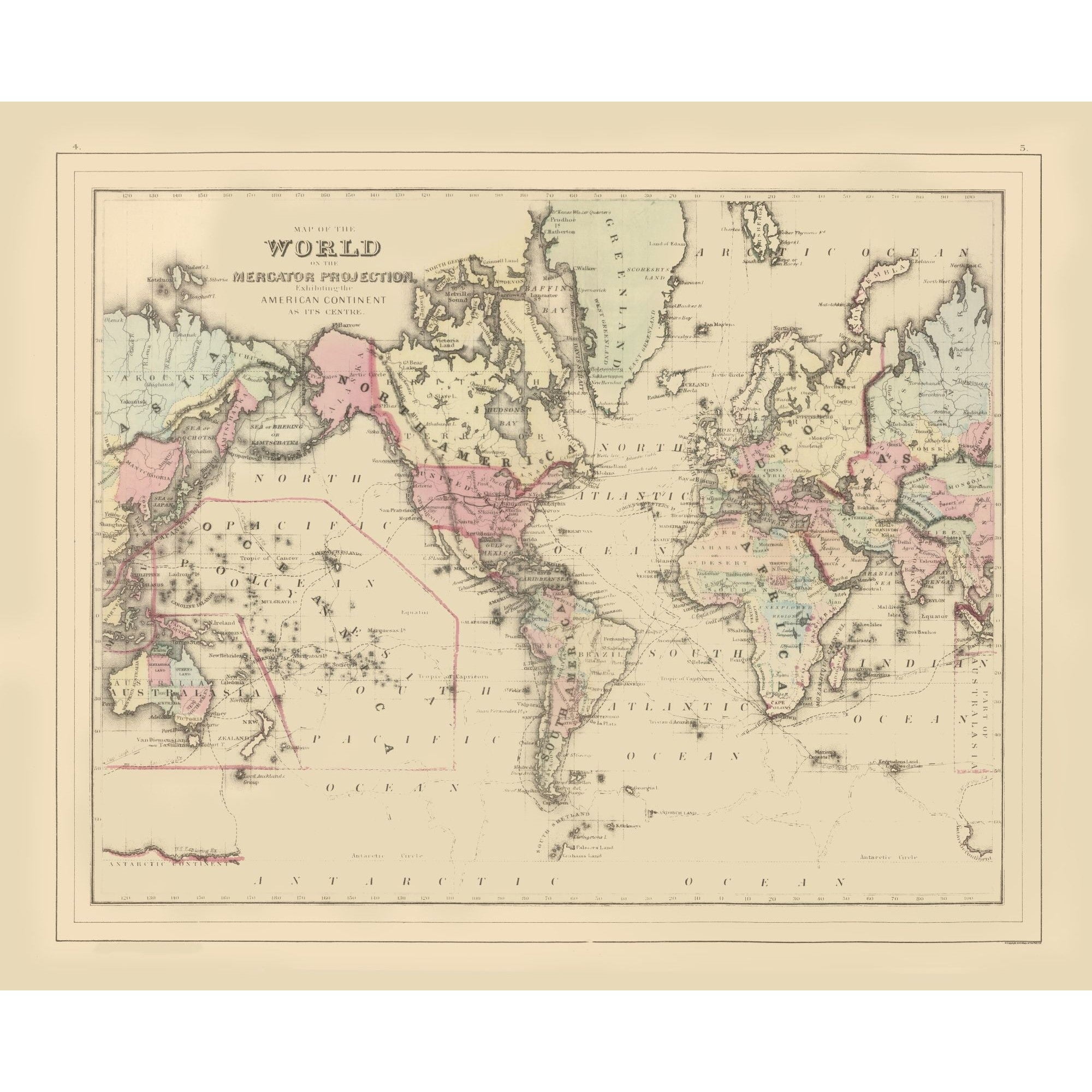 Historic Map - Mercator Projection American Continent - 28.26 x 23 ...