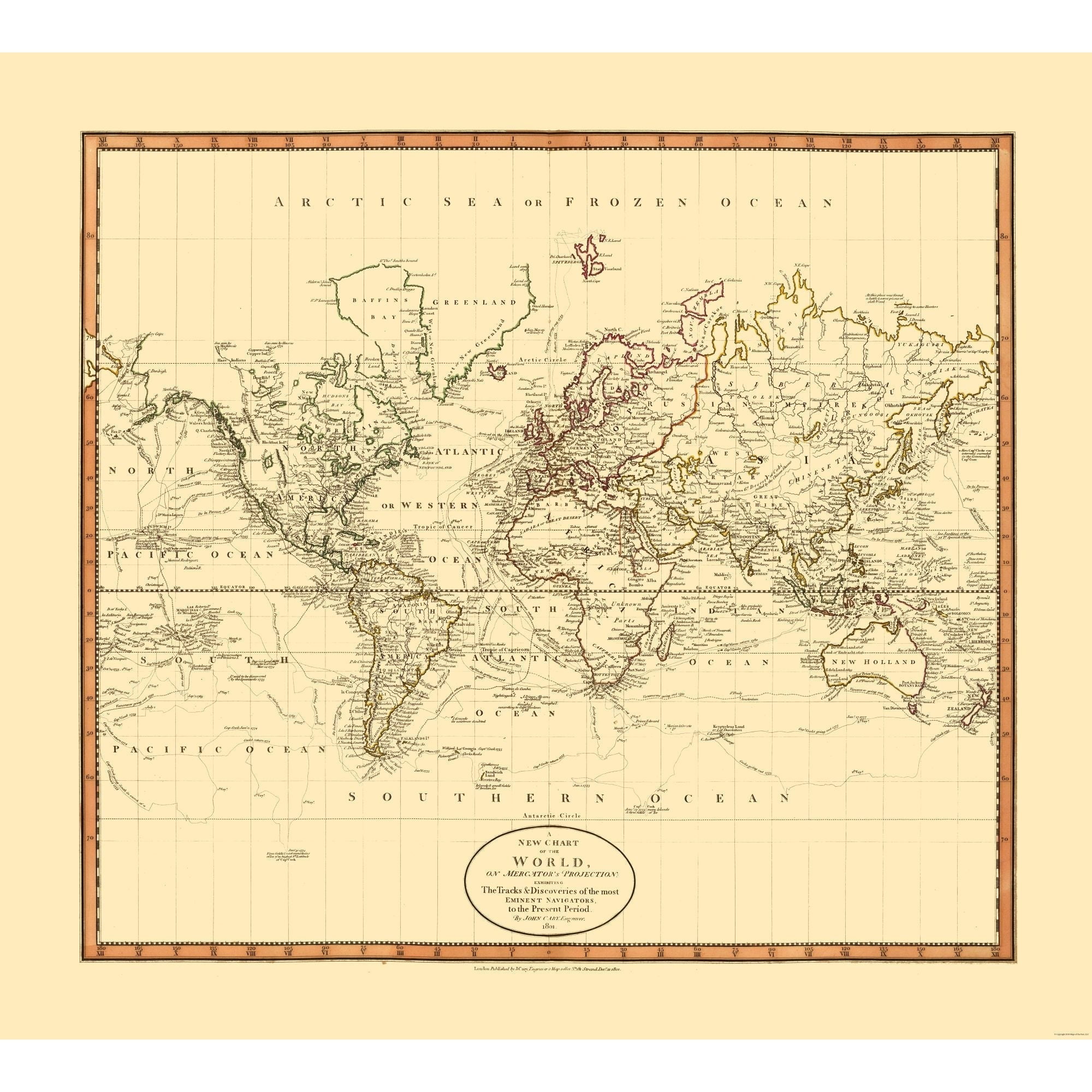 Historic Map - Mercator Projection - Cary 1801 - 25.45 x 23 - Vintage ...