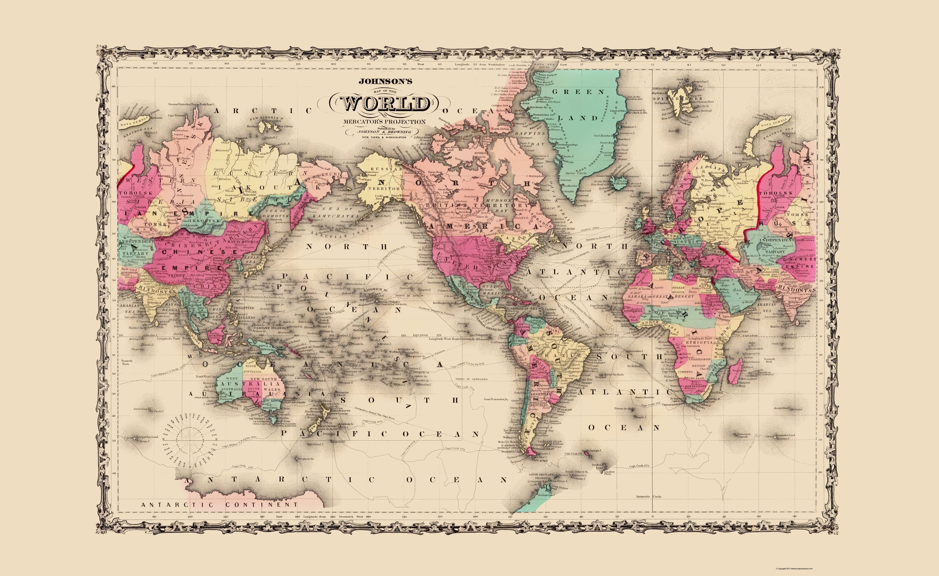 Historic Map - Mercator Projection - Johnson 1860 - 23 x 37.52 ...