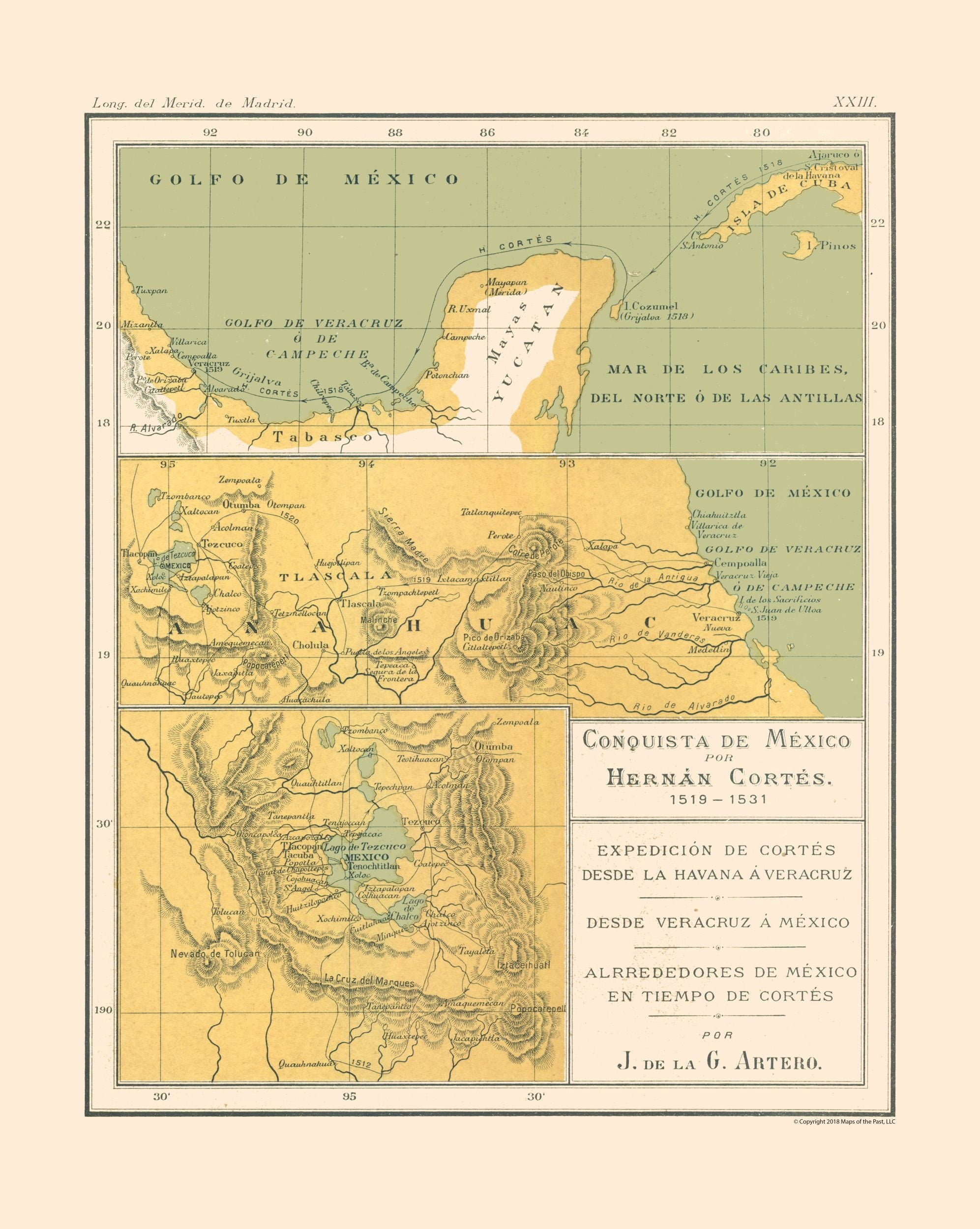 Historic Map - Mexico Conquest 1519 to 1531 - Artero 1879 - 23 x 28.85 ...