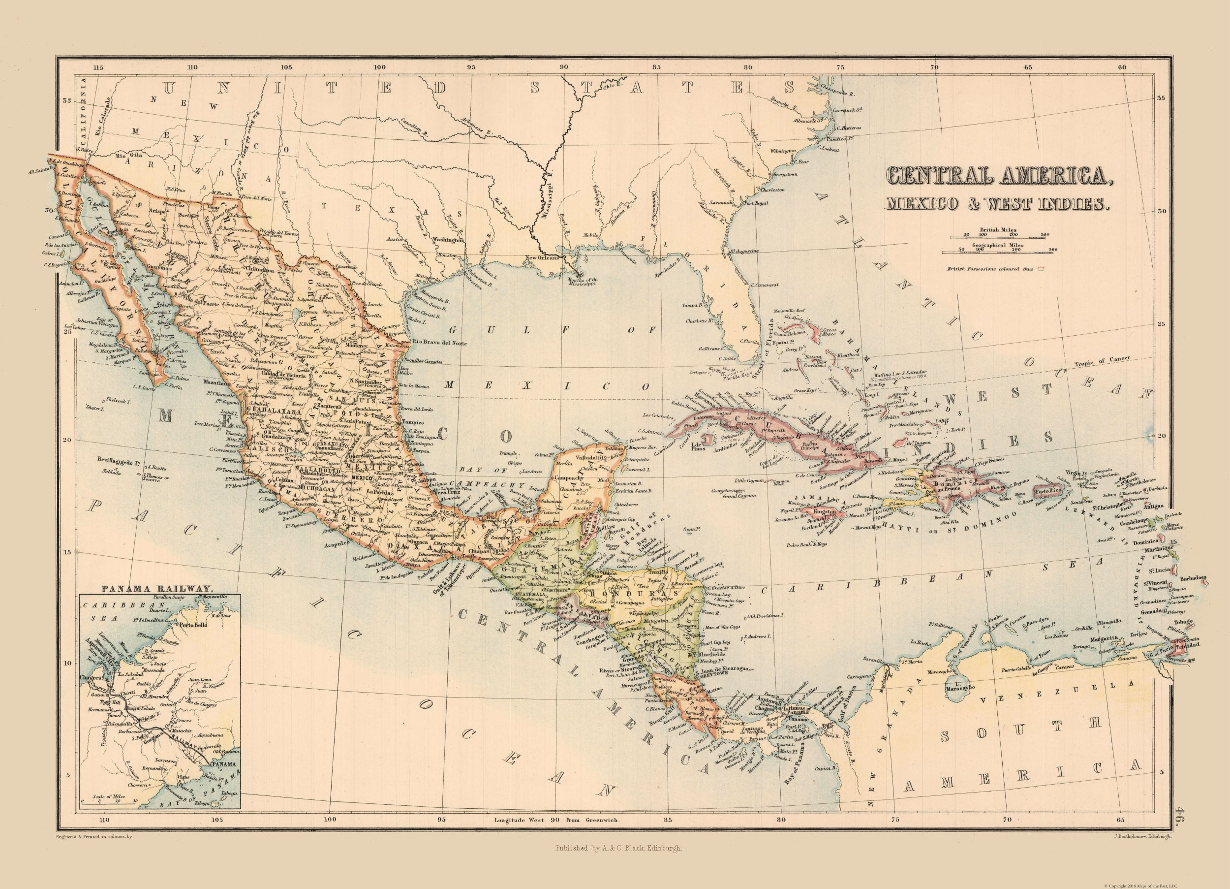 Historic Map - Mexico Guatemala Honduras Nicaragua Costa Rica - Black ...