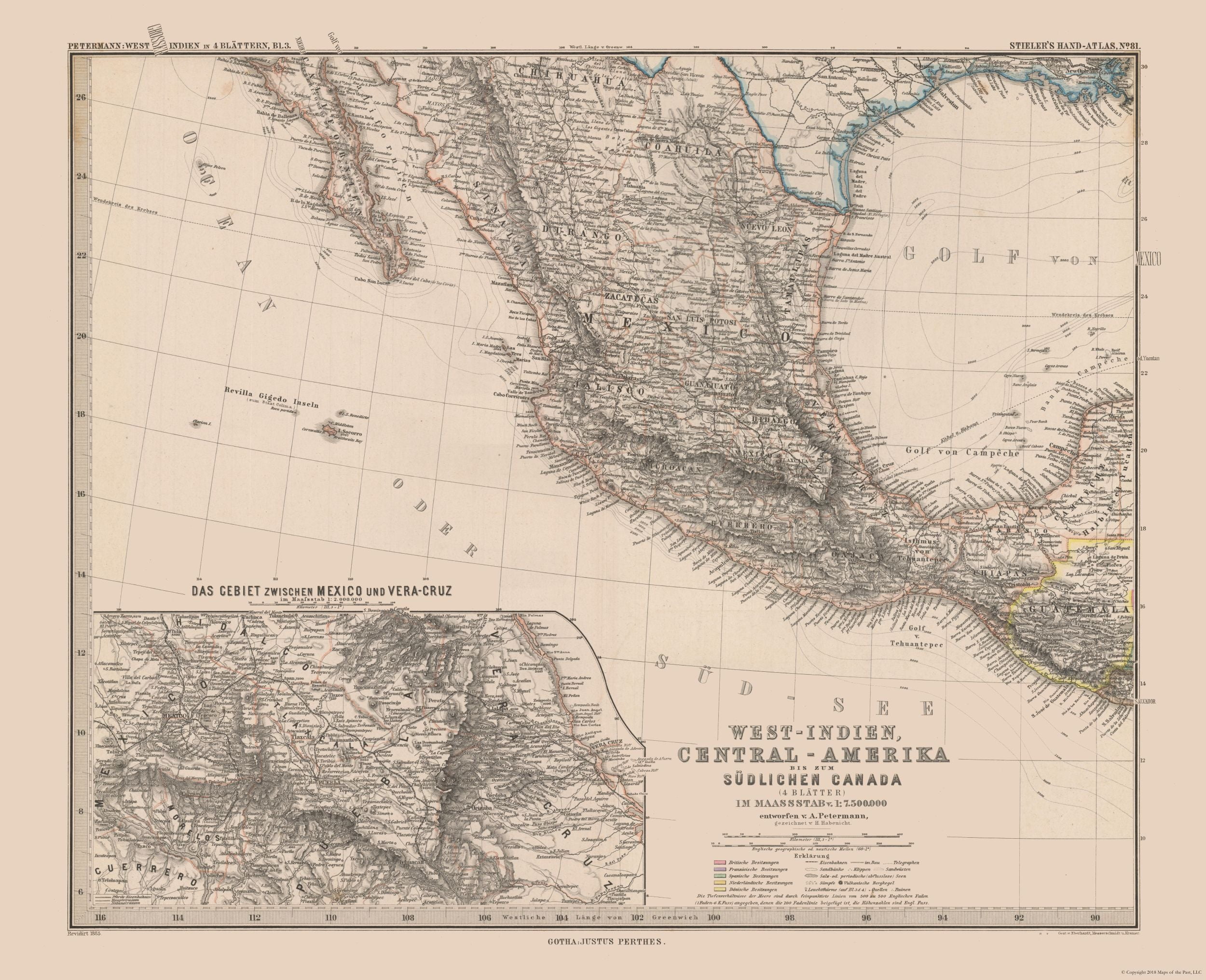 Historic Map - Mexico West Indies- Stieler 1885 - 27.68 x 23 - Vintage ...
