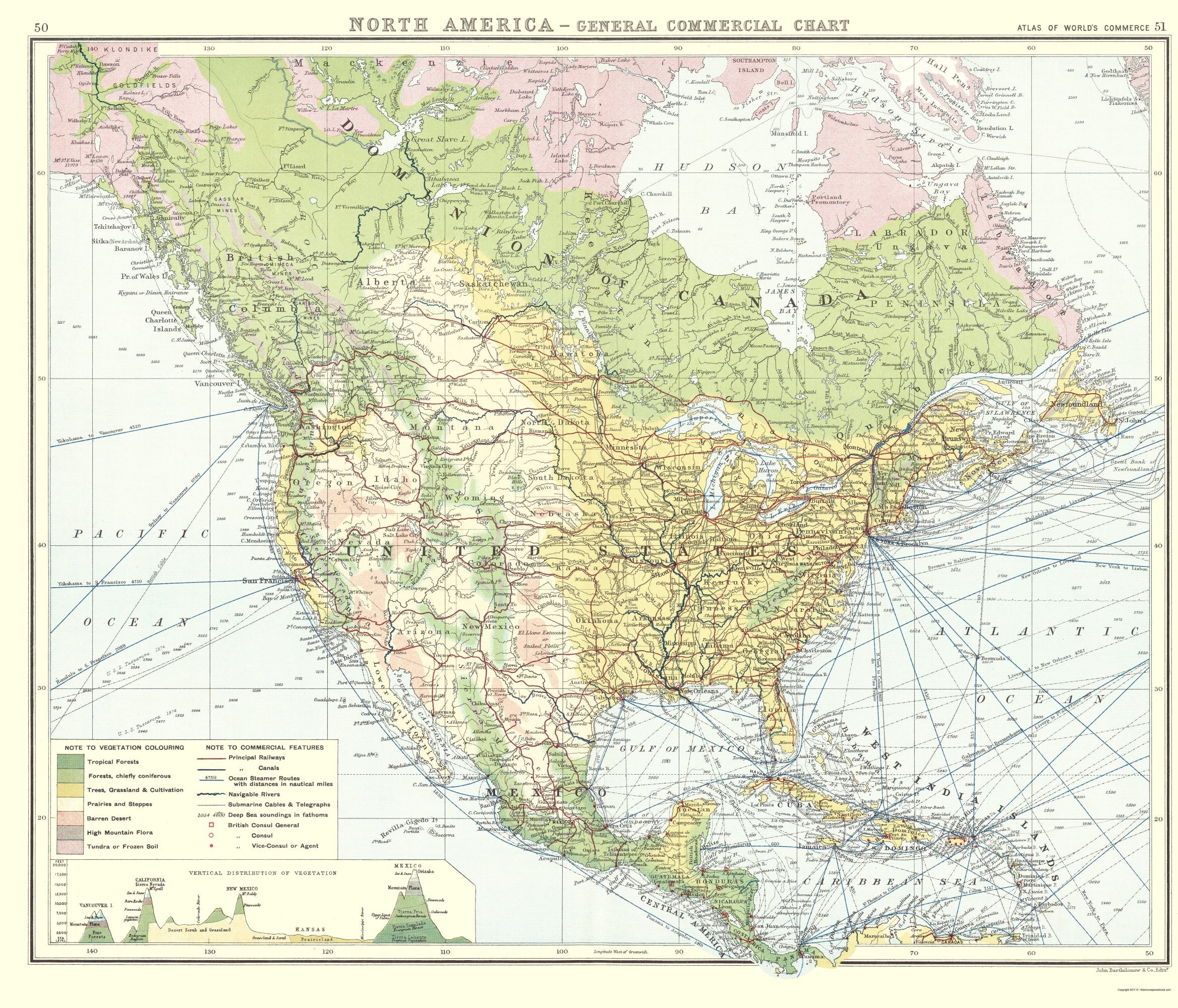 Historic Map - North America Commercial Chart - Newnes 1907 - 23 x 26. ...