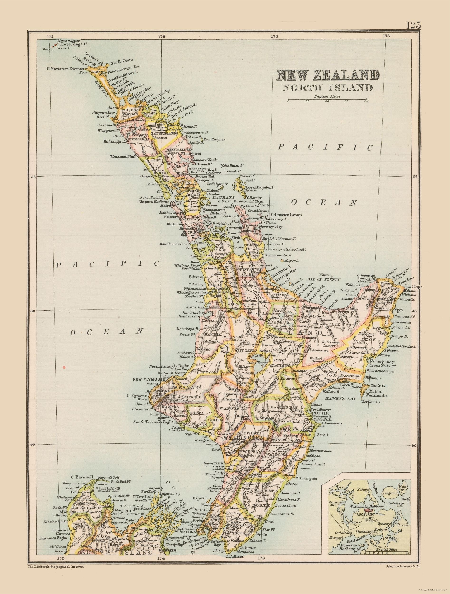 Historic Map - North Island New Zealand - Bartholomew 1892 - 23 x 30.36 ...