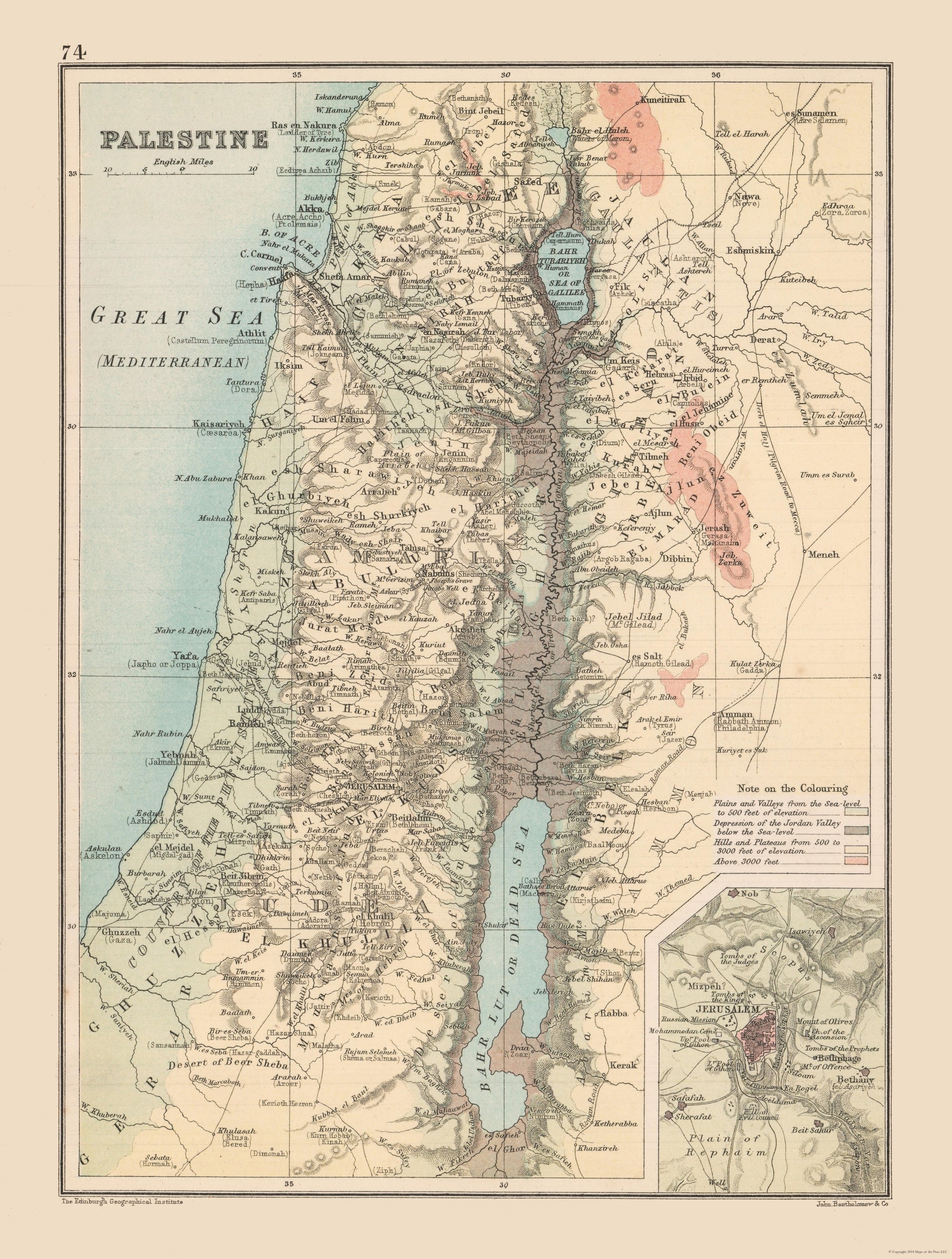 Historic Map - Palestine Israel Elevation- Bartholomew 1892 - Vintage ...