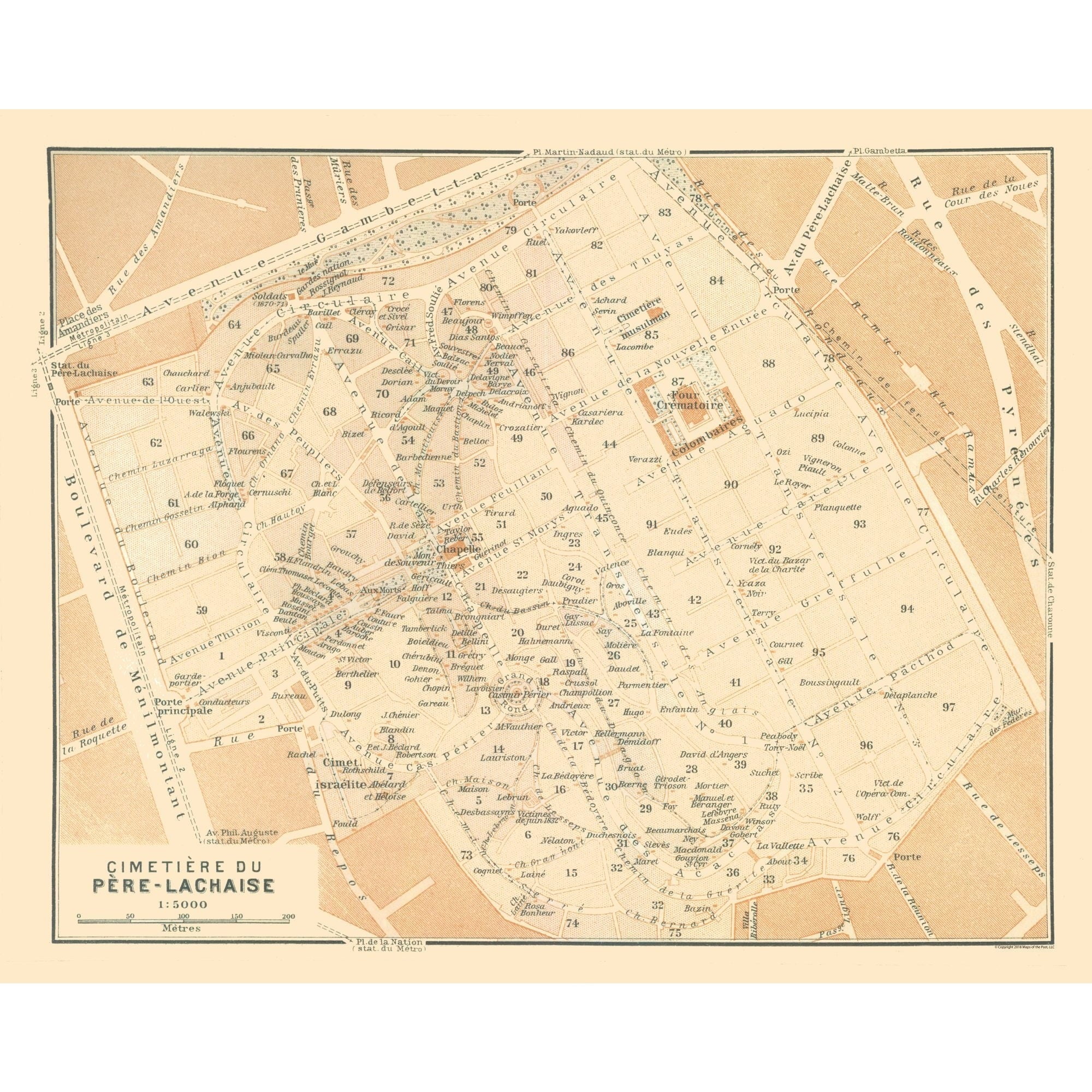 Historic Map - Paris France Pere Lachaise Cemetery - Baedeker 1911 - 28 ...